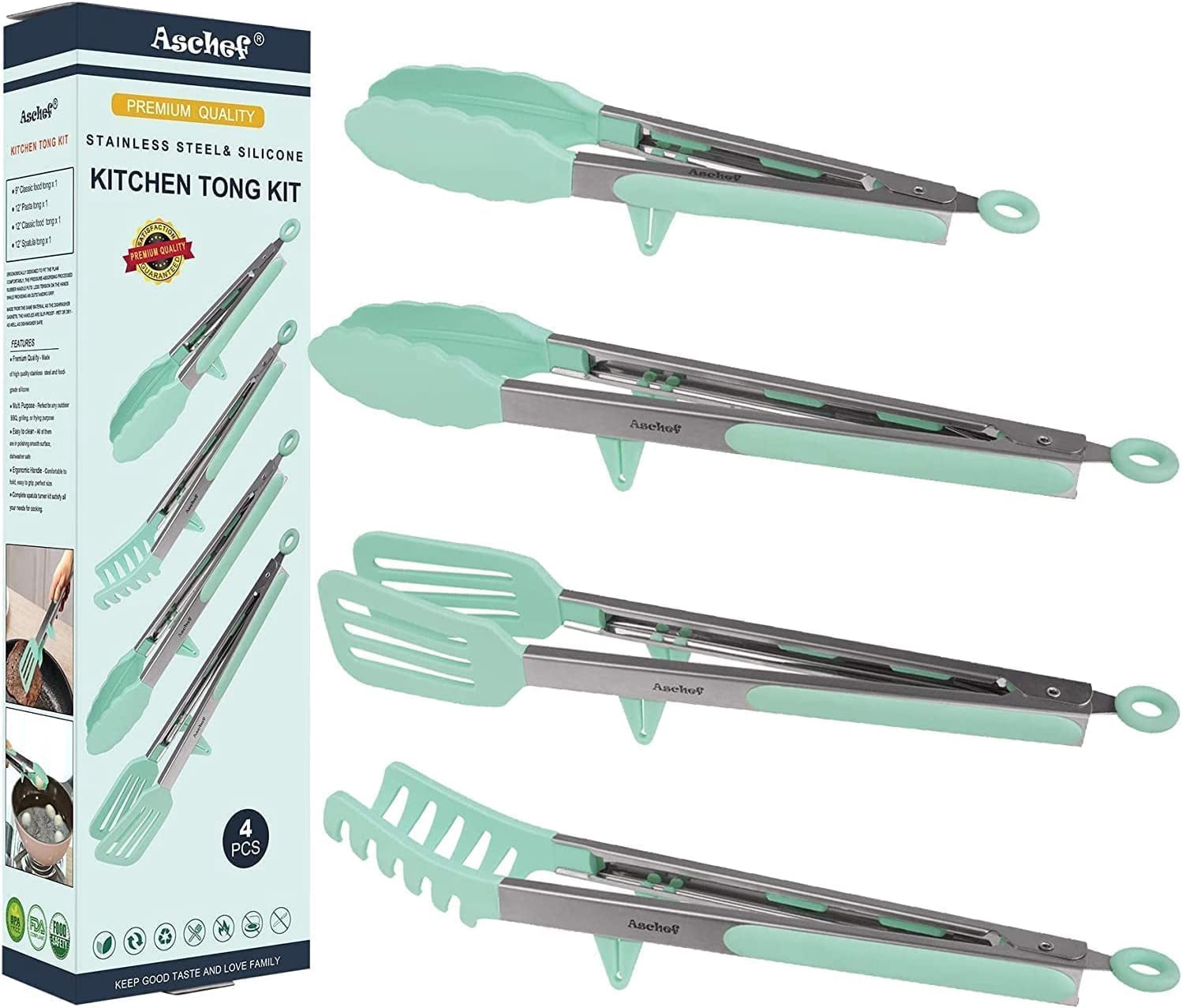 4in1 Stainless Steel Kitchen Food Tongs Set for Cooking with BPA Free ...