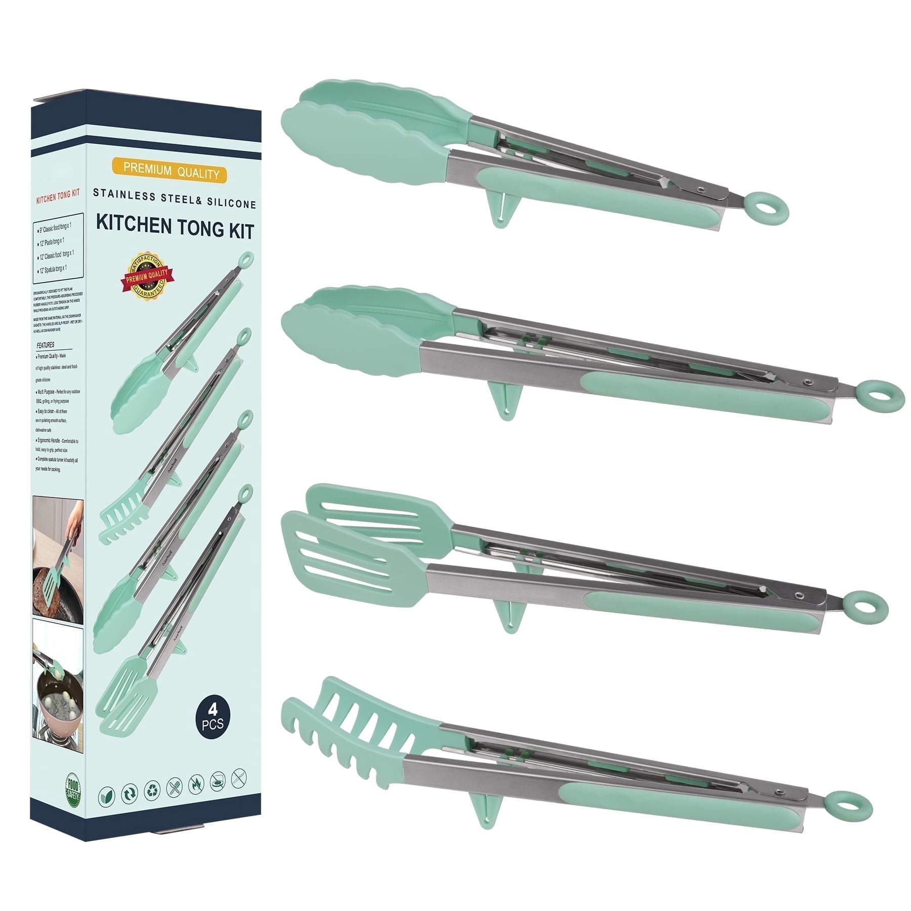 4in1 Stainless Steel Kitchen Food Tongs Set for Cooking with BPA Free ...