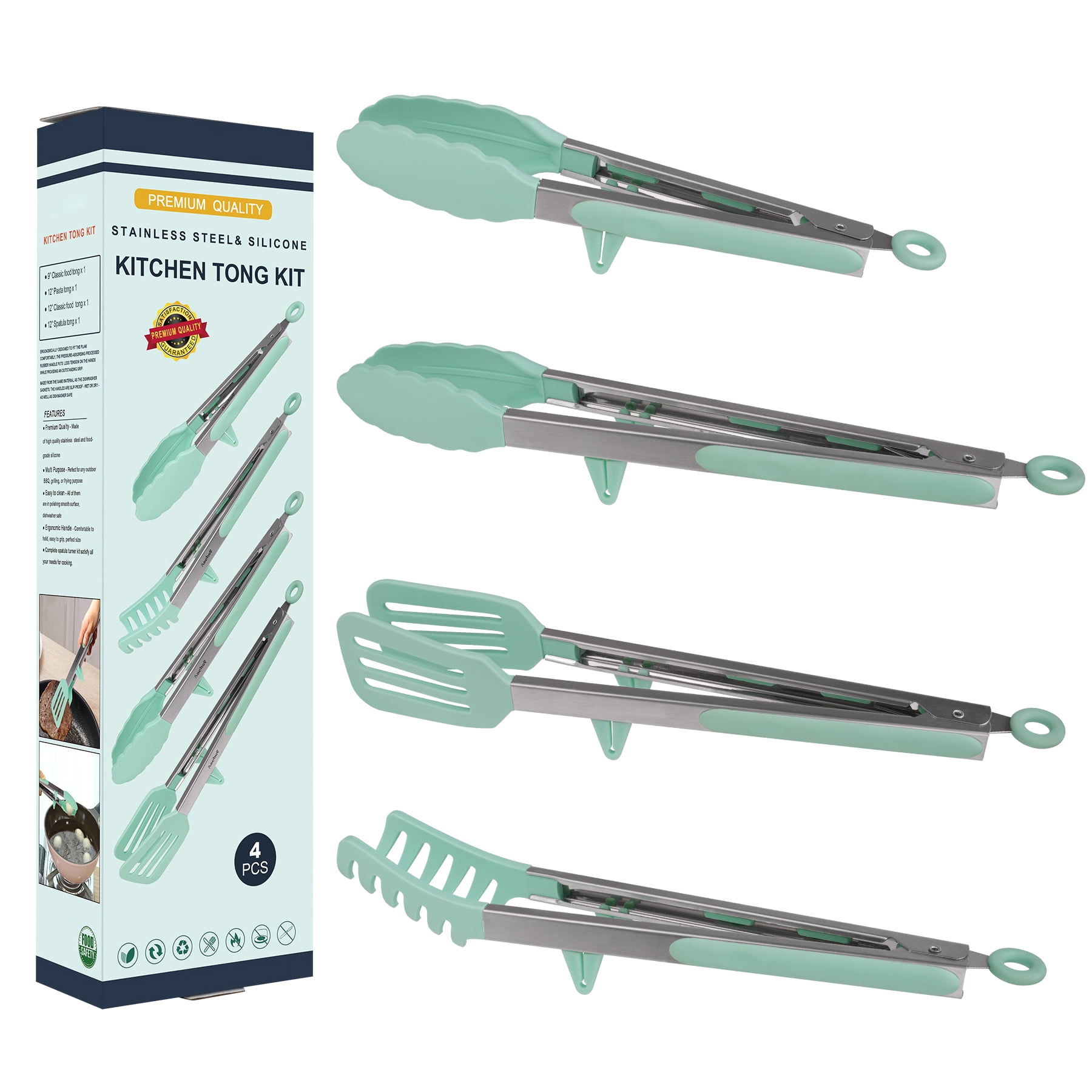 4in1 Stainless Steel Kitchen Food Tongs Set for Cooking with BPA Free ...