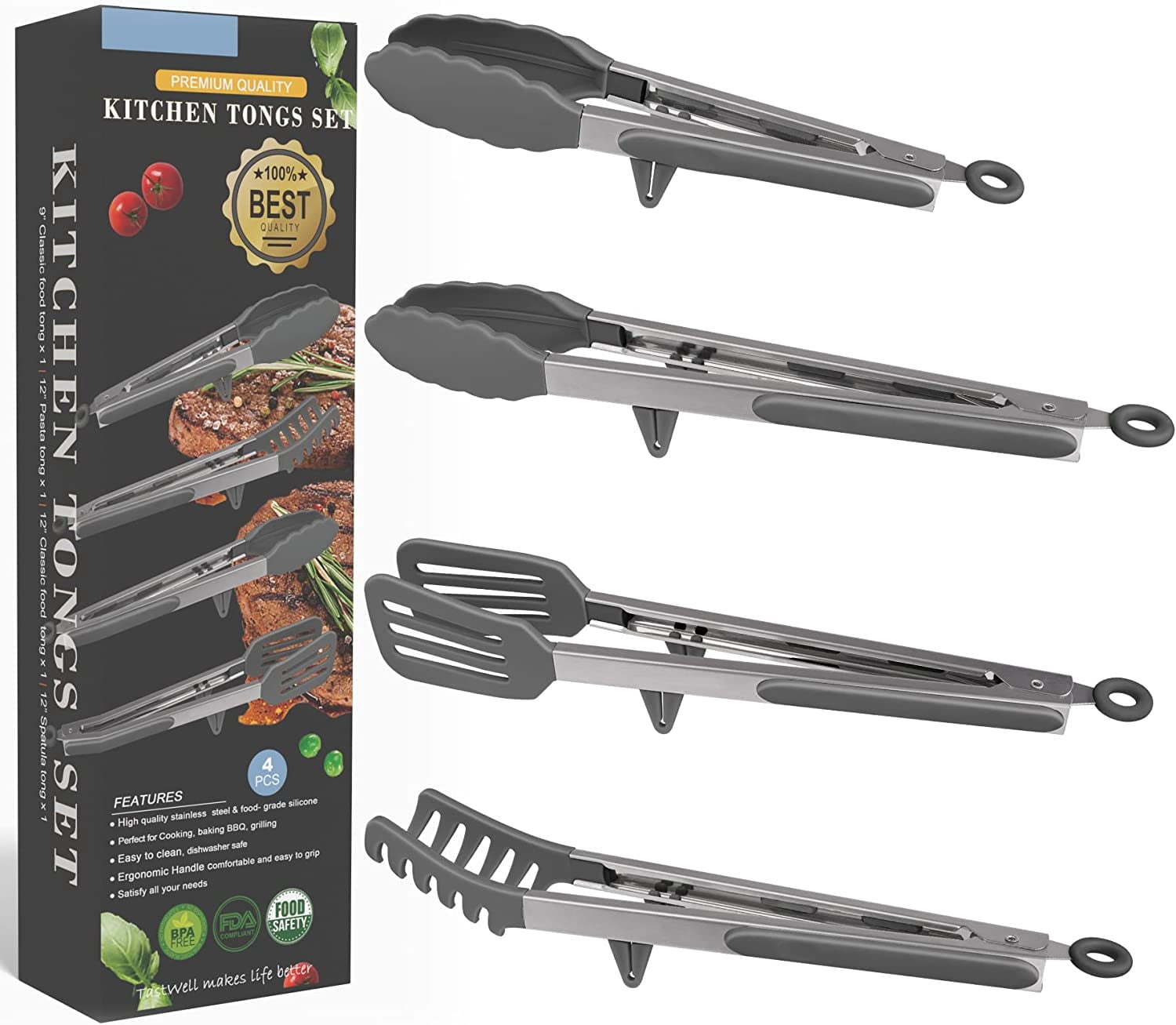 4in1 Stainless Steel Kitchen Food Tongs Set for Cooking with Silicone ...