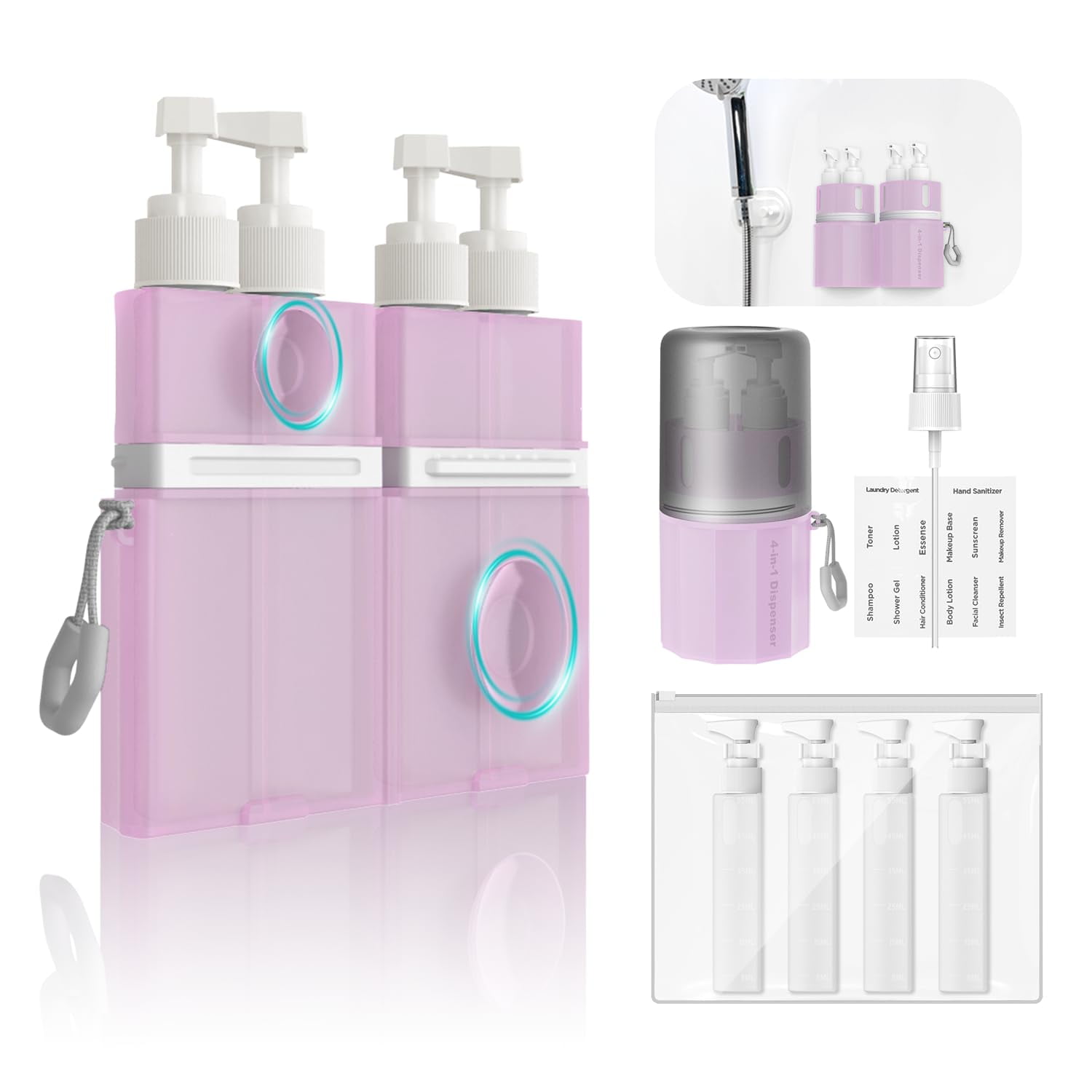 4in1 Travel Bottles Set, Vacuum Silicone Suction Cup for Smooth Walls ...