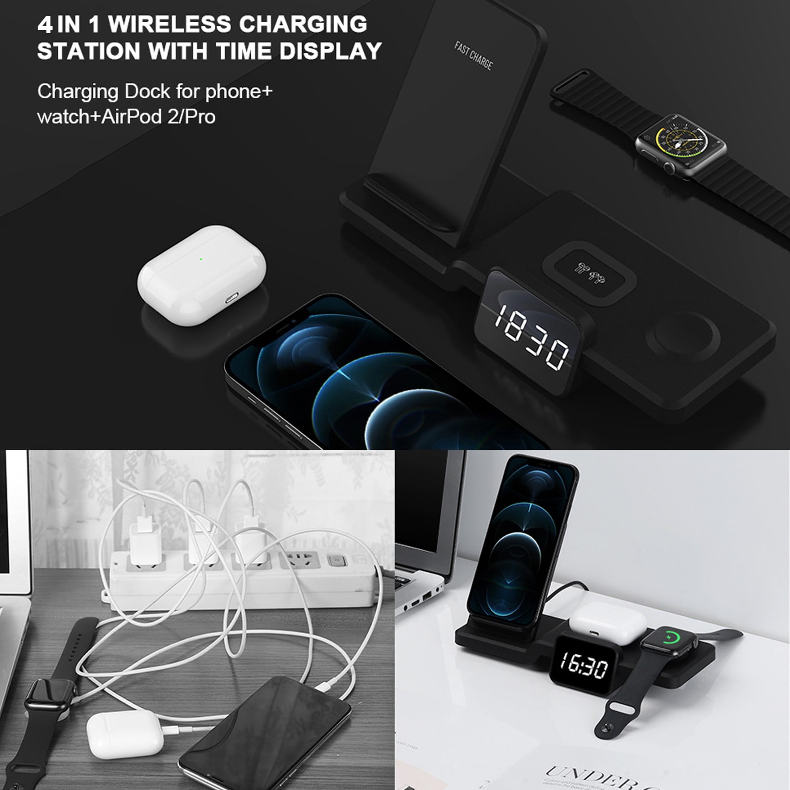 4in1 Wireless Charging Station With Time Display Fast Charging Pad For ...