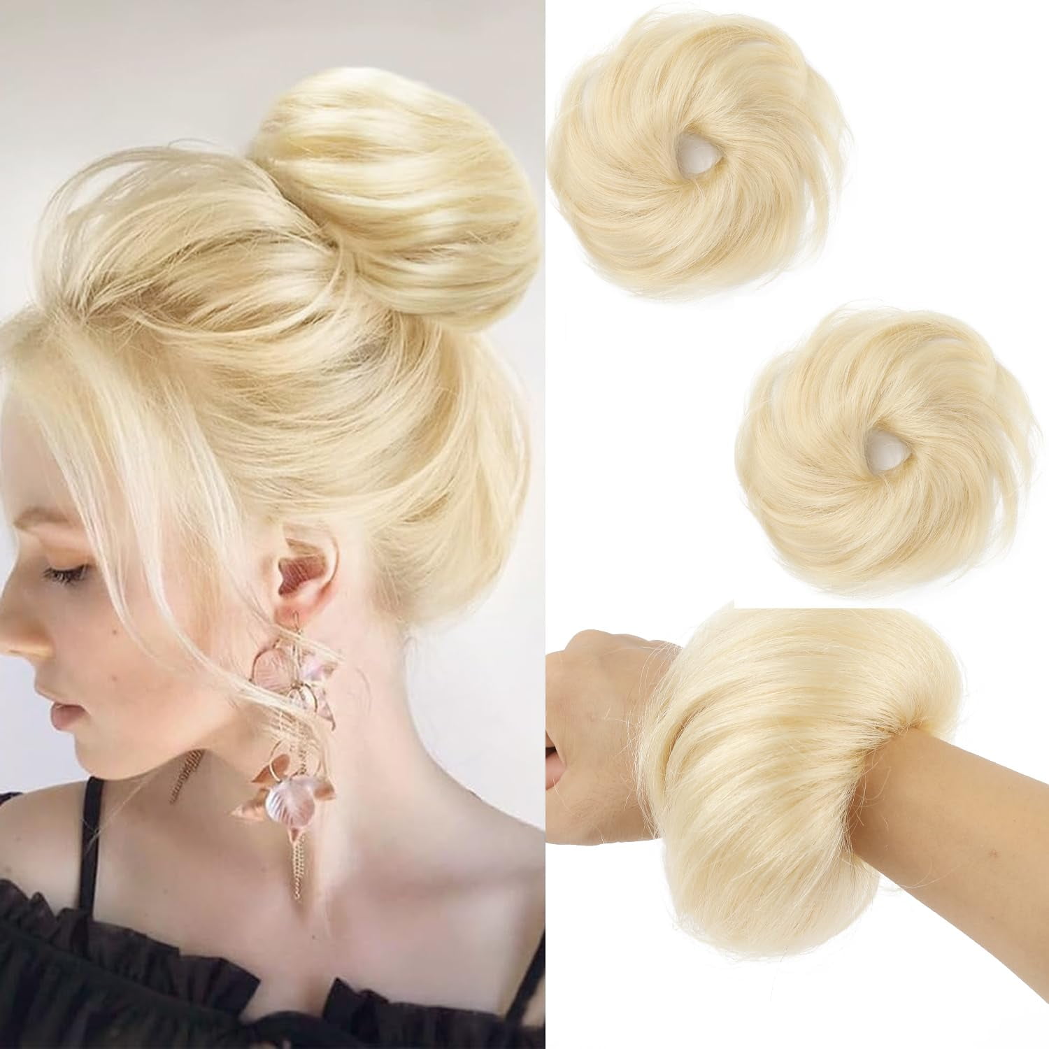4inch Blonde 100% Human Hair Bun Straight Scrunchies Elegant Donut ...