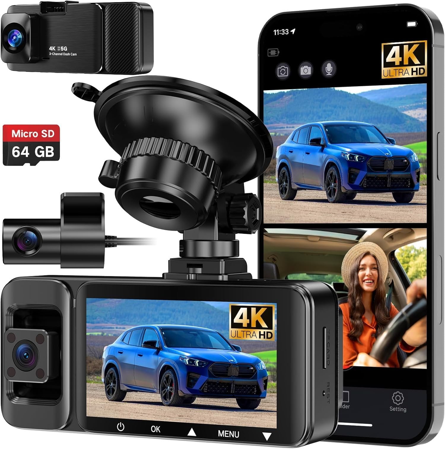 4k Dash Cam Front and Rear Inside, 3 Dash Camera for , APP Control ...