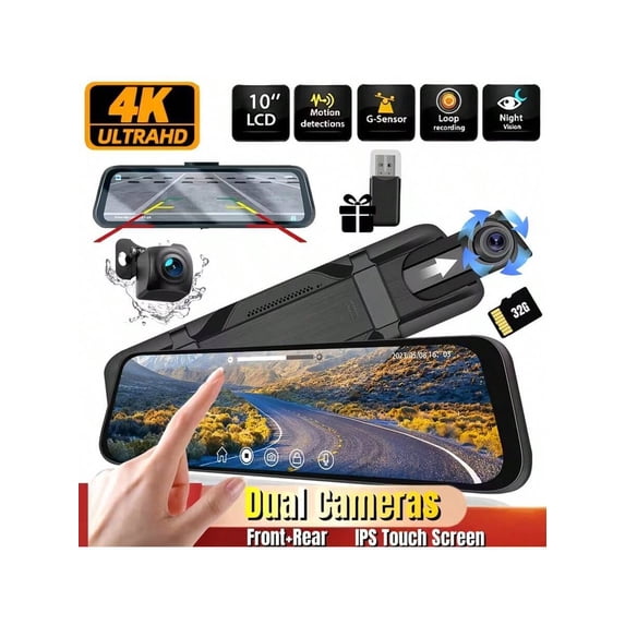4k Dash Cam with Touchscreen Rear View Mirror - Dual Front/Rear Cameras ...