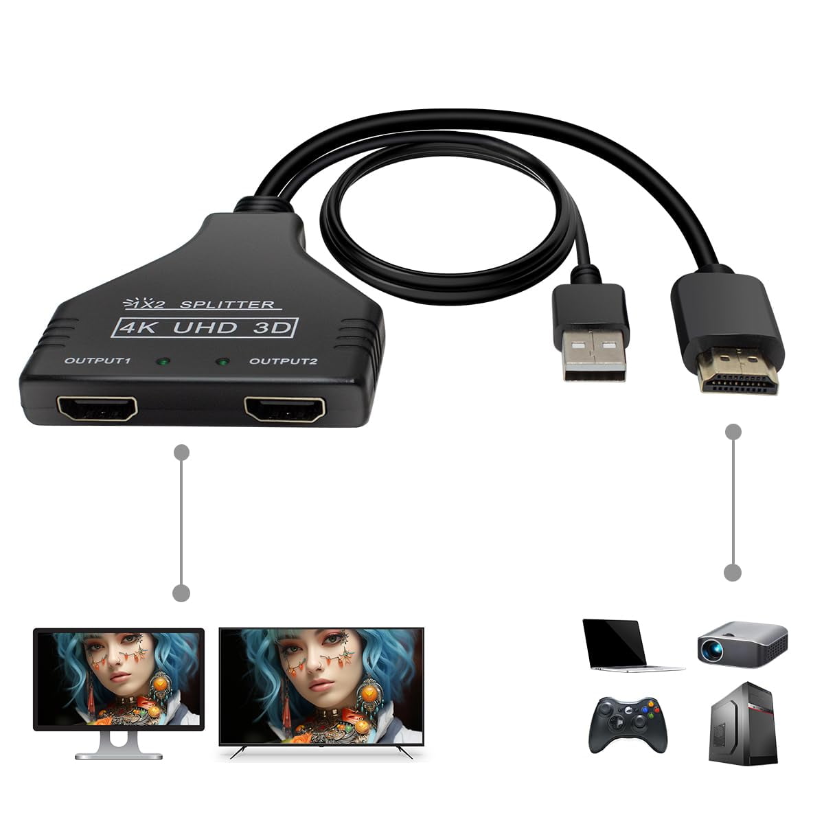 4k HDMI Splitter 1 in 2 Out 4k 60hz HDMI 2.0 HDMI Cable Male to Dual ...