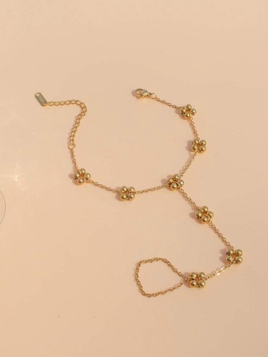 4mm Beaded Finger Chain In Goldtone Stainless Steel, Floral Cluster ...