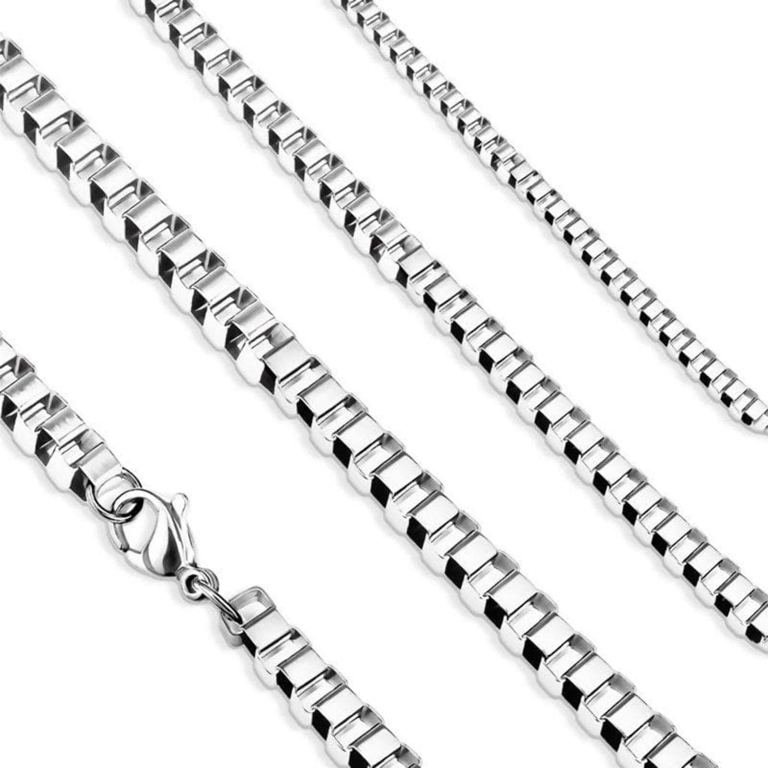 4mm Box Chain Mens Womens Silver Stainless Steel 24 inch Necklace ...
