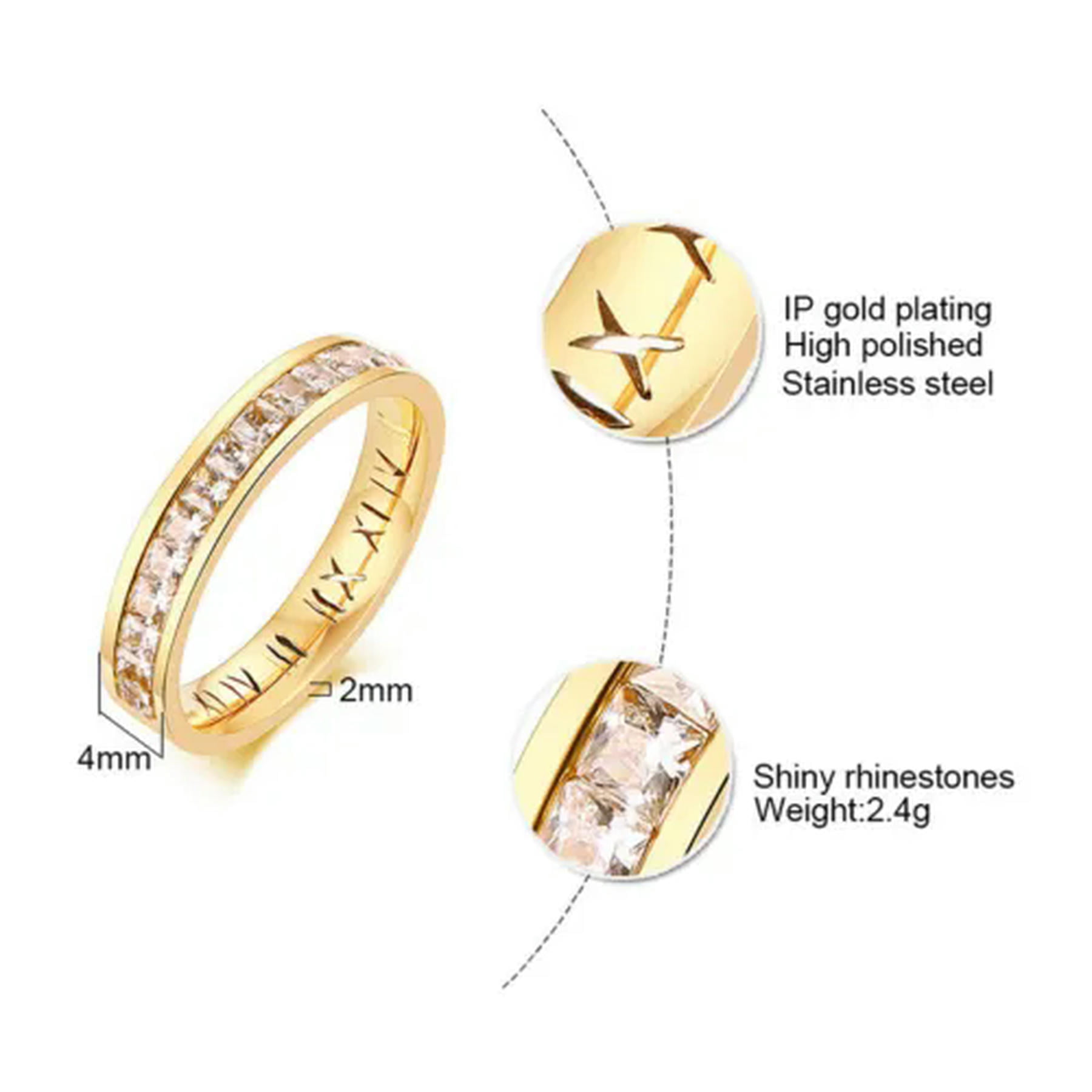 4mm Stainless Steel Hollow Roman Numerals Band Women Half Round Cz Ring ...