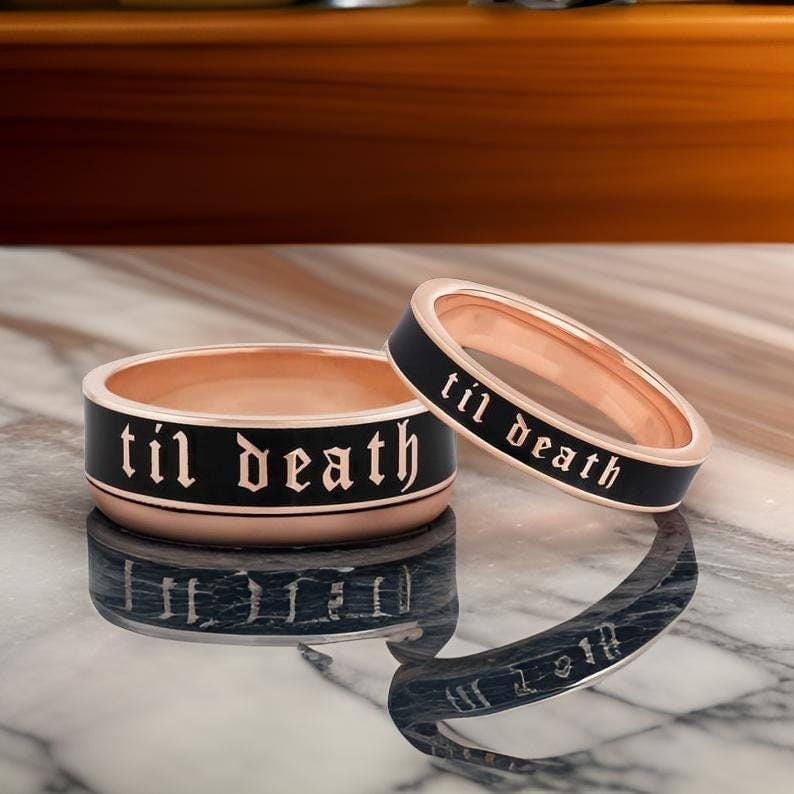 4mm Til Death Rose Gold Black Enamel Band Ring, Til Death Band Ring ...