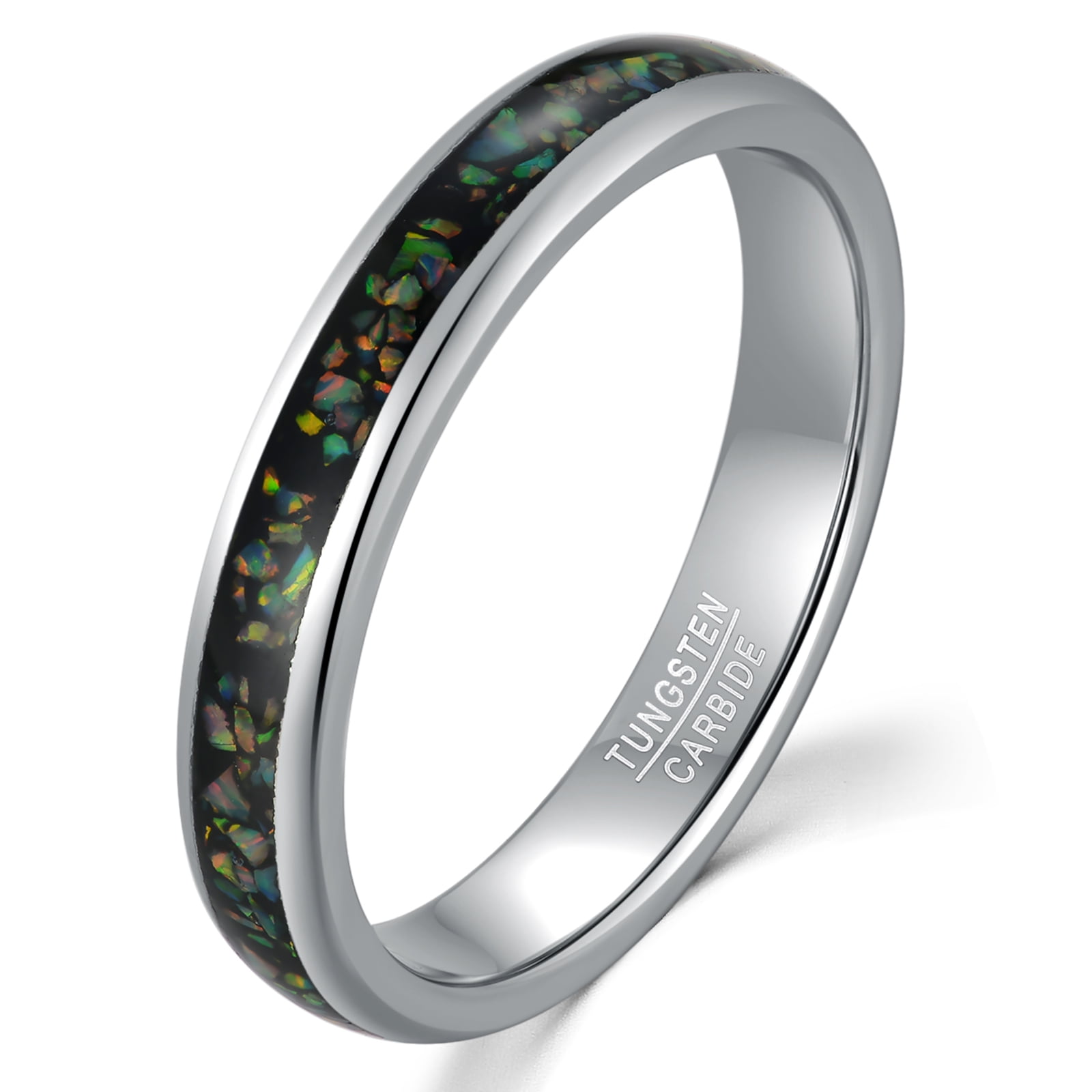 4mm Unisex Silver Tungsten Rings Inlaid with Crushed Created-Opal ...