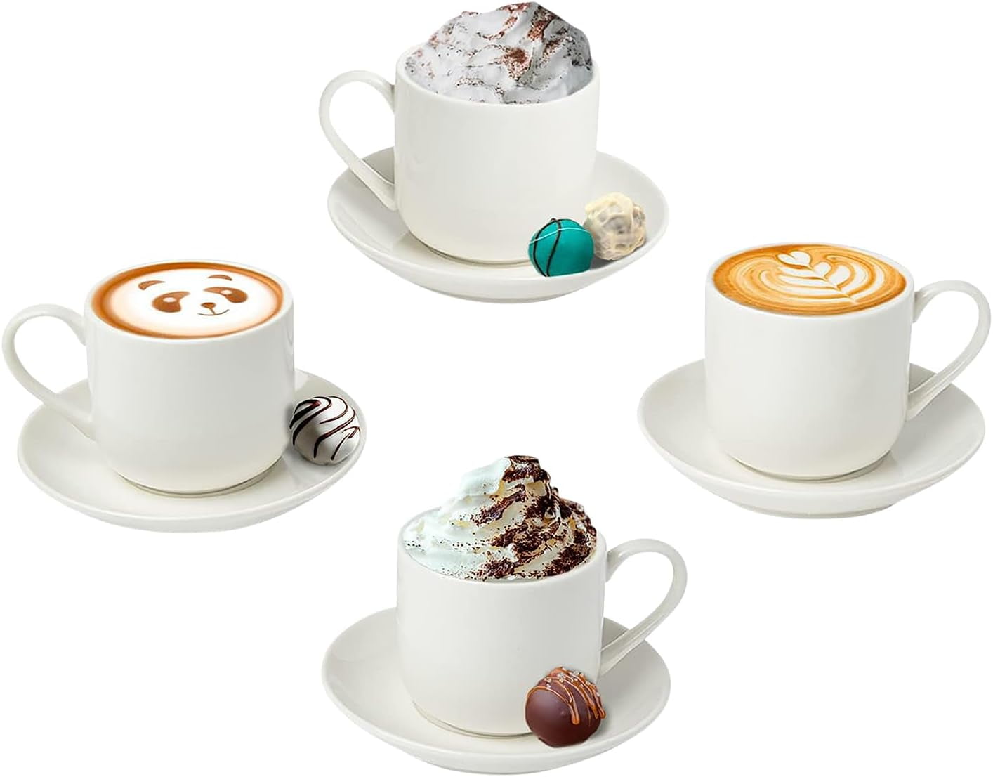4oz Espresso Cups Set of 4 With Matching Saucers - Premium Porcelain, 8 ...