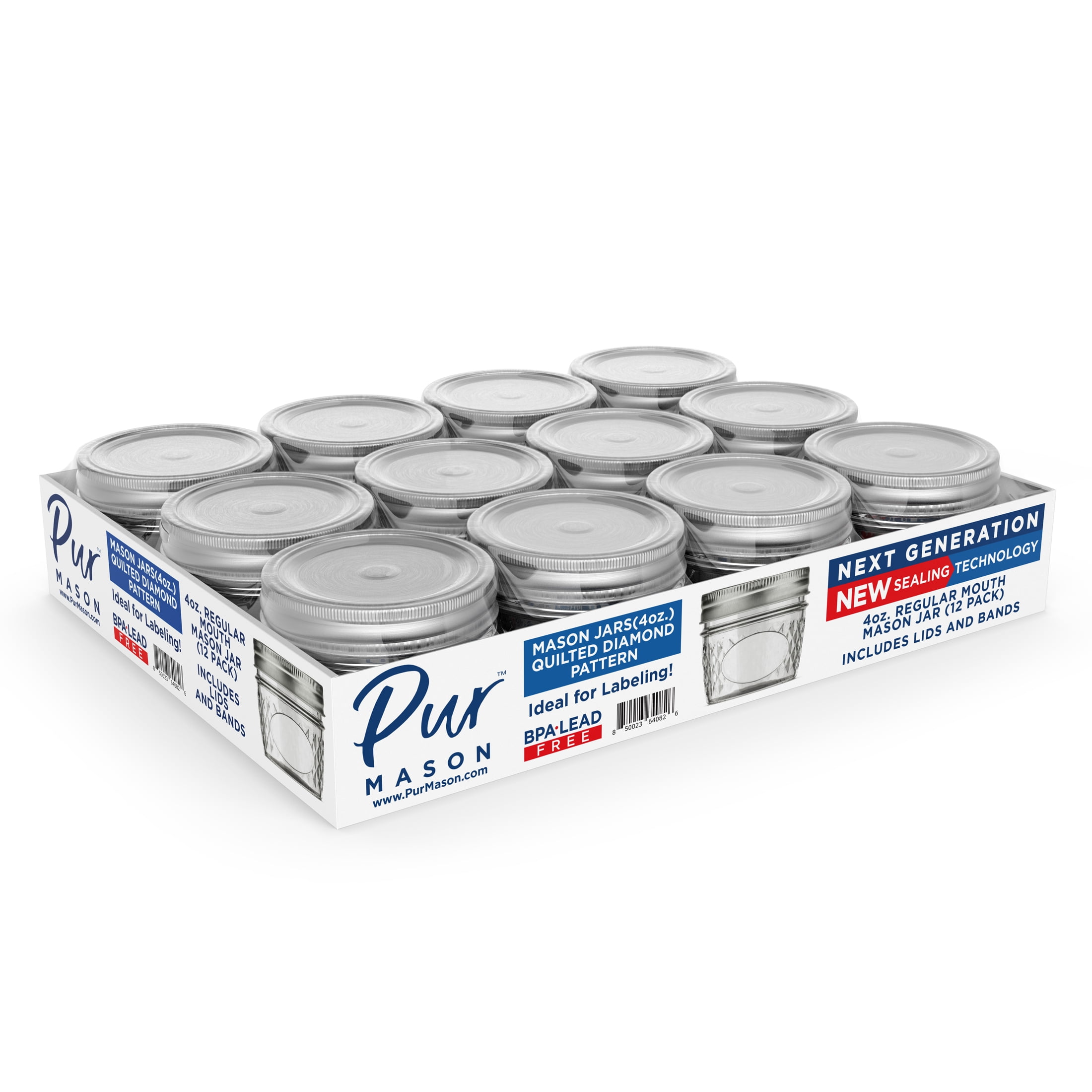 Pur Mason 4oz Diamond Design Jars with Canning Lid, Band - Safe for Hot or Cold, Box of 12 ...