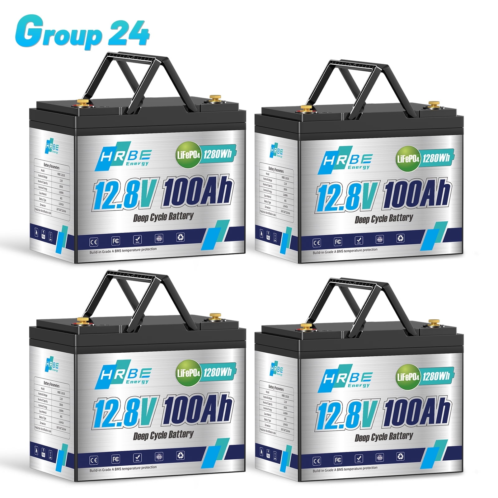 4pack 12V 100Ah LiFePO4 Battery,Group 24 Mini Lithium Batteries with ...