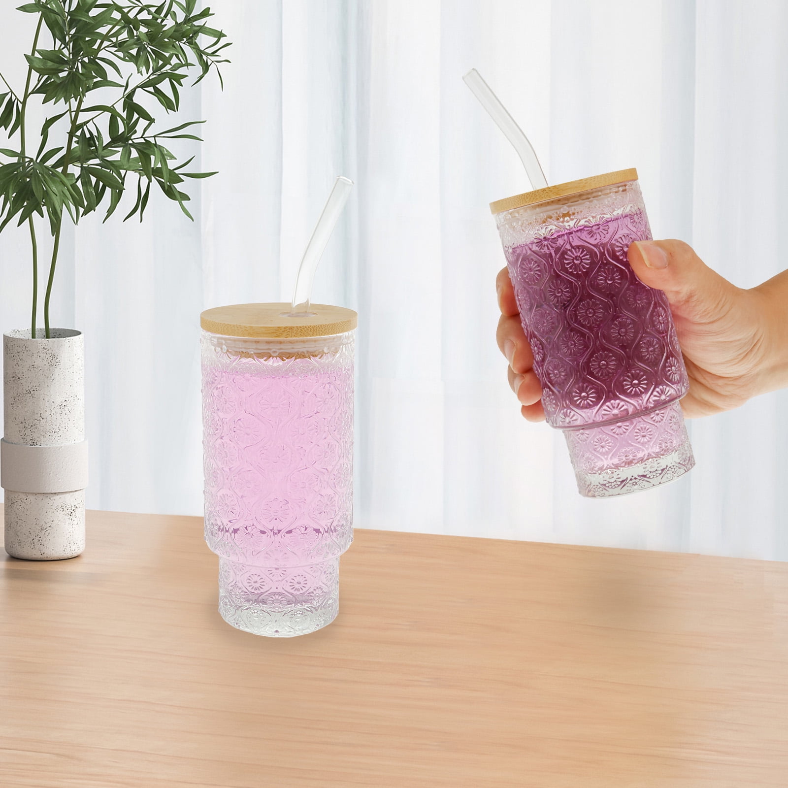 4pack Drinking Glasses Cups Set,Beer Glass Cup Set with Wood Lid Straw ...