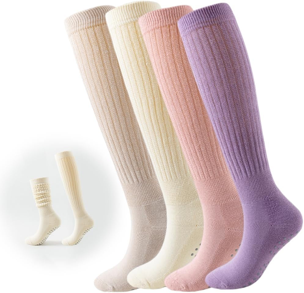 4pack Pilates Socks with Grips for Women, Yoga Slouch Socks with Grip ...
