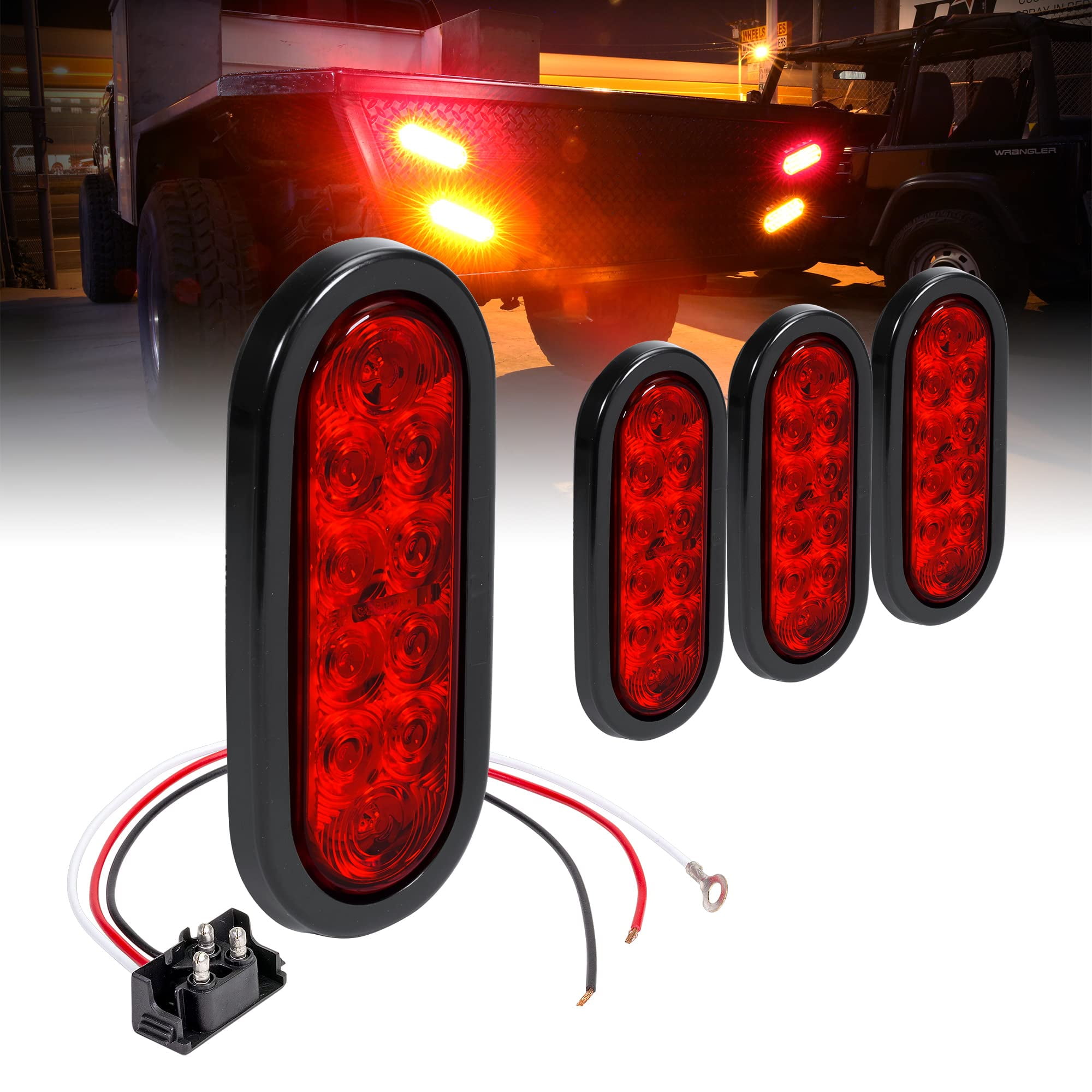 4pc 6" Oval Red LED Trailer Tail Lights [DOT Certified] [Grommet & Plug ...