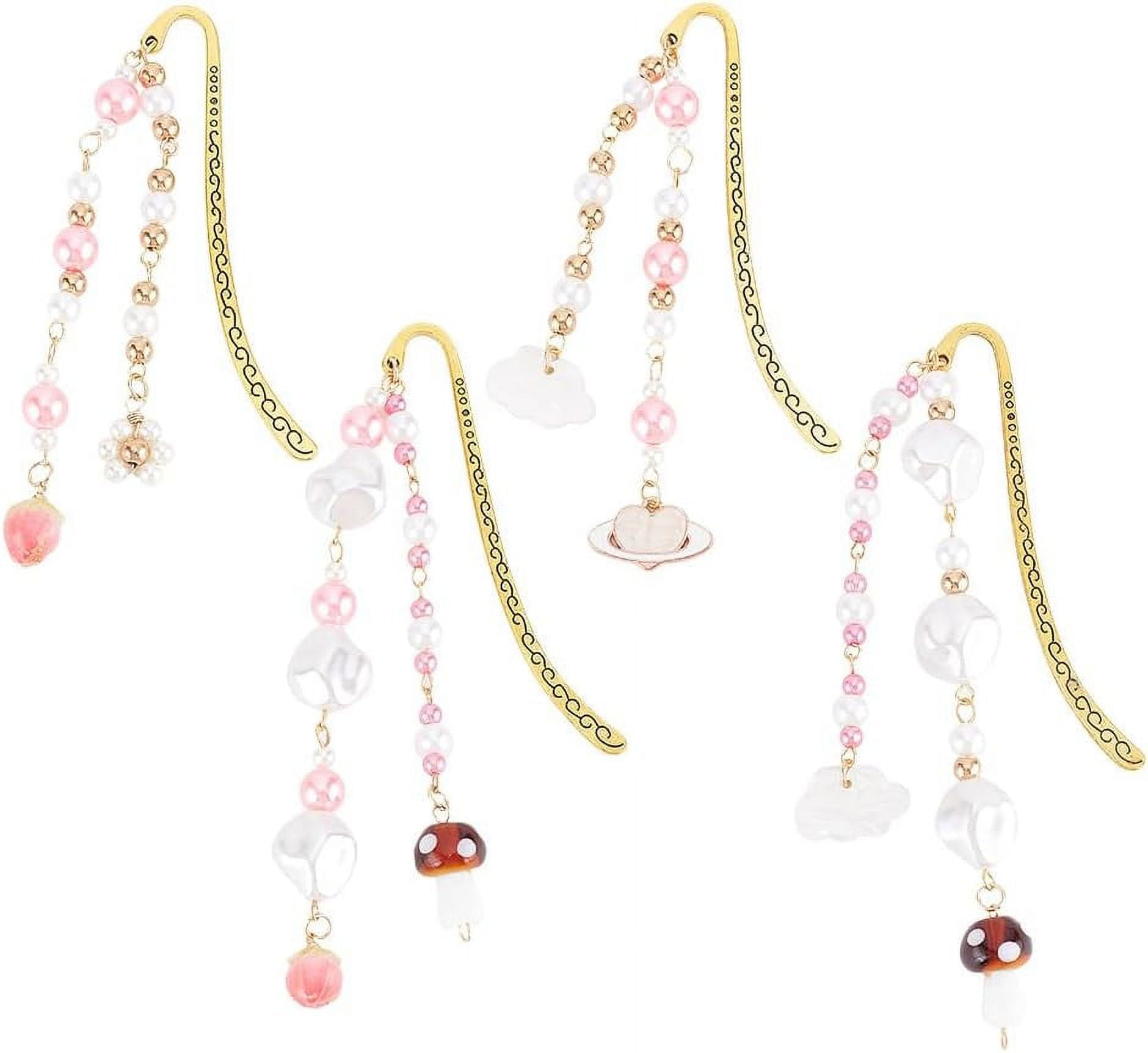 4pc Alloy Hook Bookmarks - Acrylic Mushroom Strawberry Beaded Charm ...