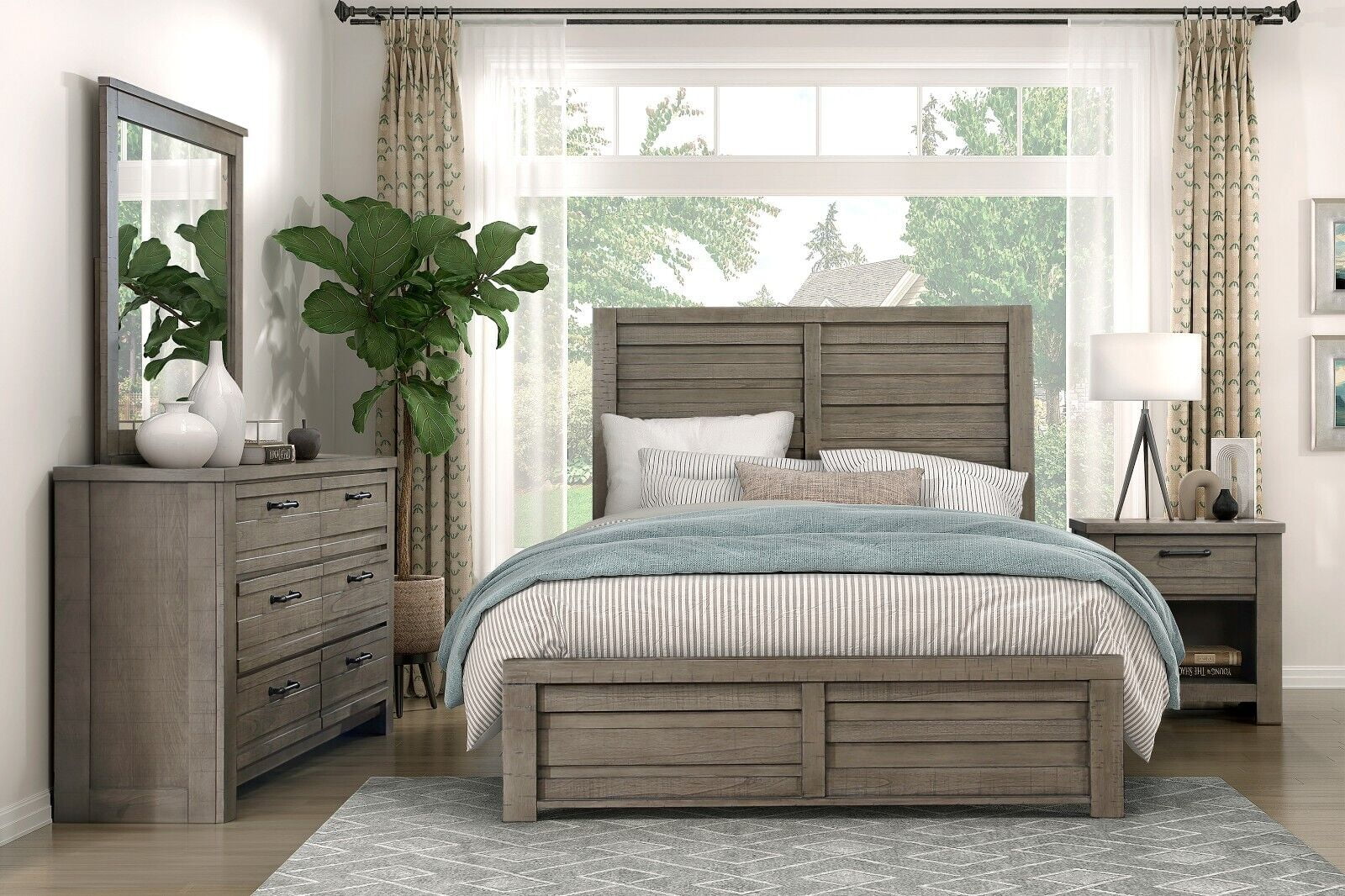 4pc Bold Bedroom Set Queen Bed Nightstand Dresser Mirror Set Gray ...