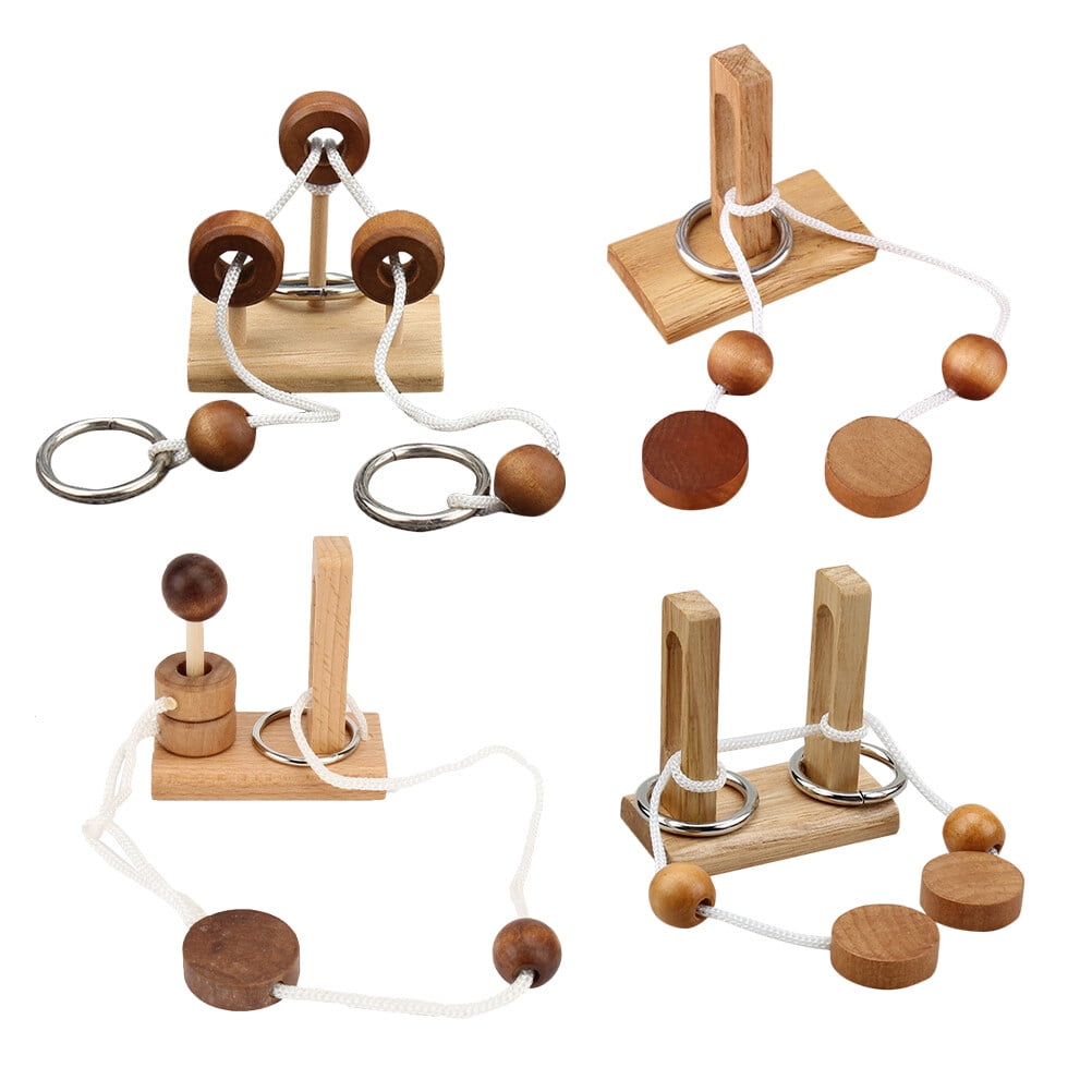 4pc Brain Teaser Puzzle Toys Wooden Rope Puzzle Set Luban Lock Brain Teaser Toys Rope Loop