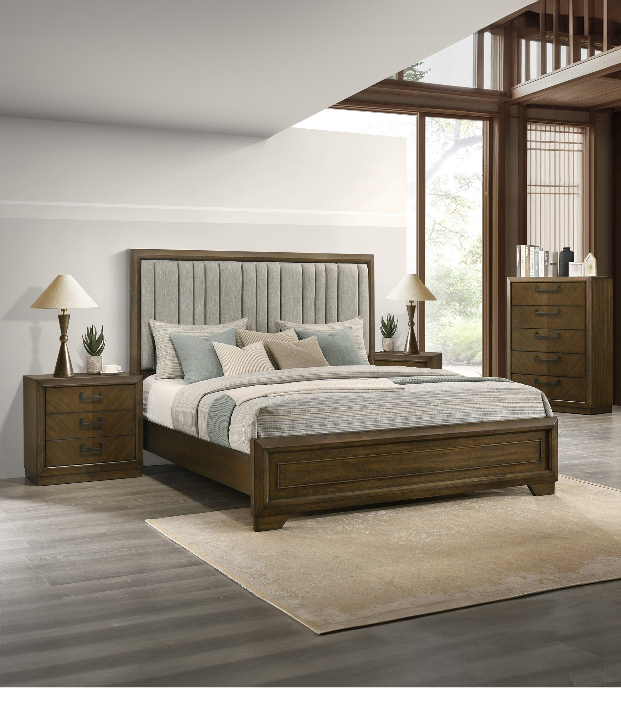 4pc Brown Queen Size Plush Upholstered Panel Bed Chest 2x Nightstand ...