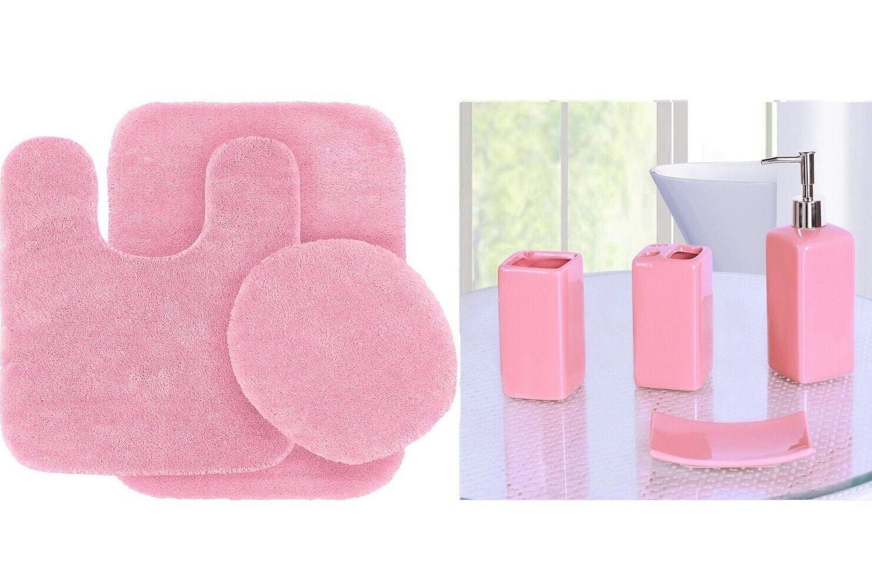 4pc Ceramic Accessories + 3pc Bathroom rug mat set #6 Pink color non ...