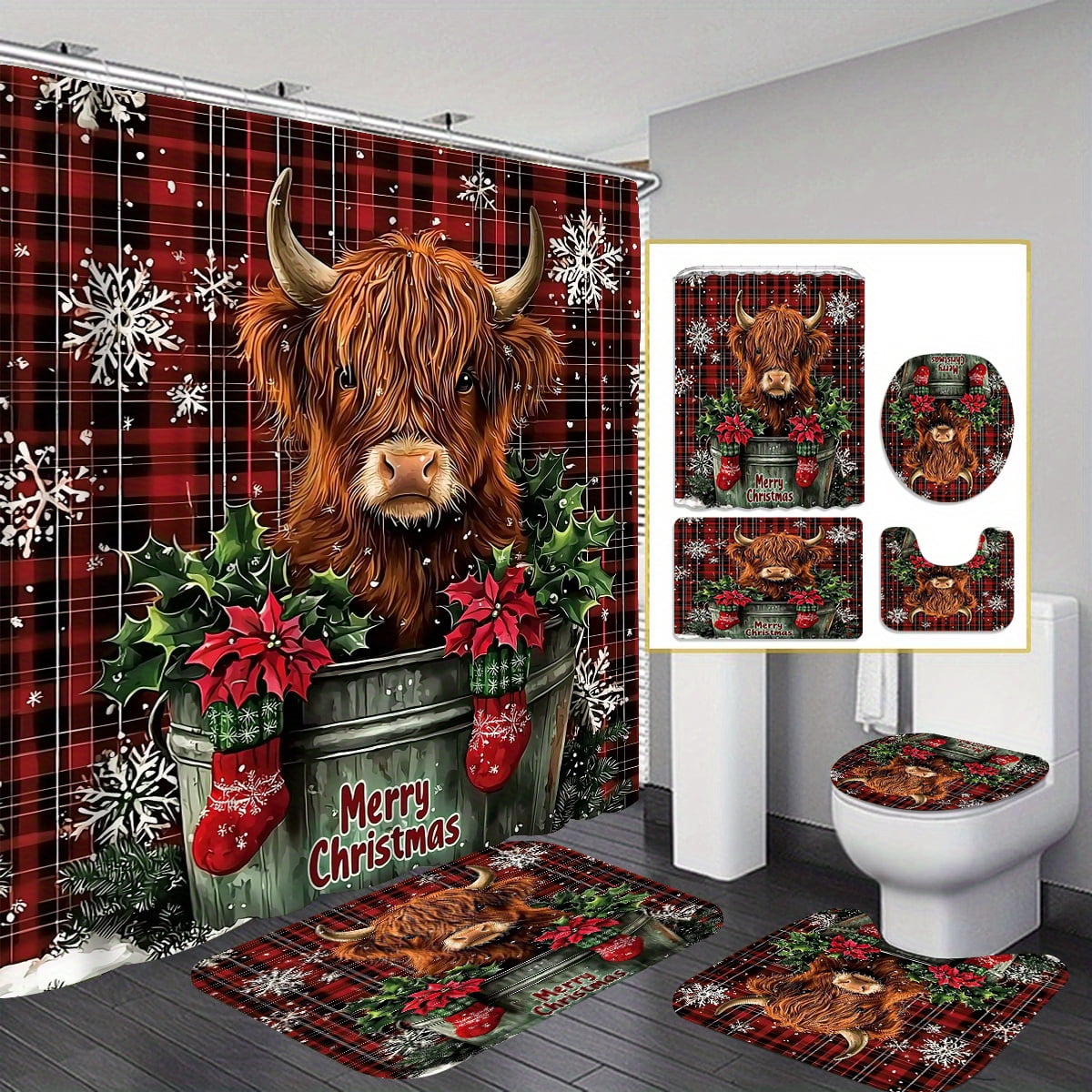 4pc Christmas Shower Curtain Set, Yak shower curtain, Red plaid shower ...