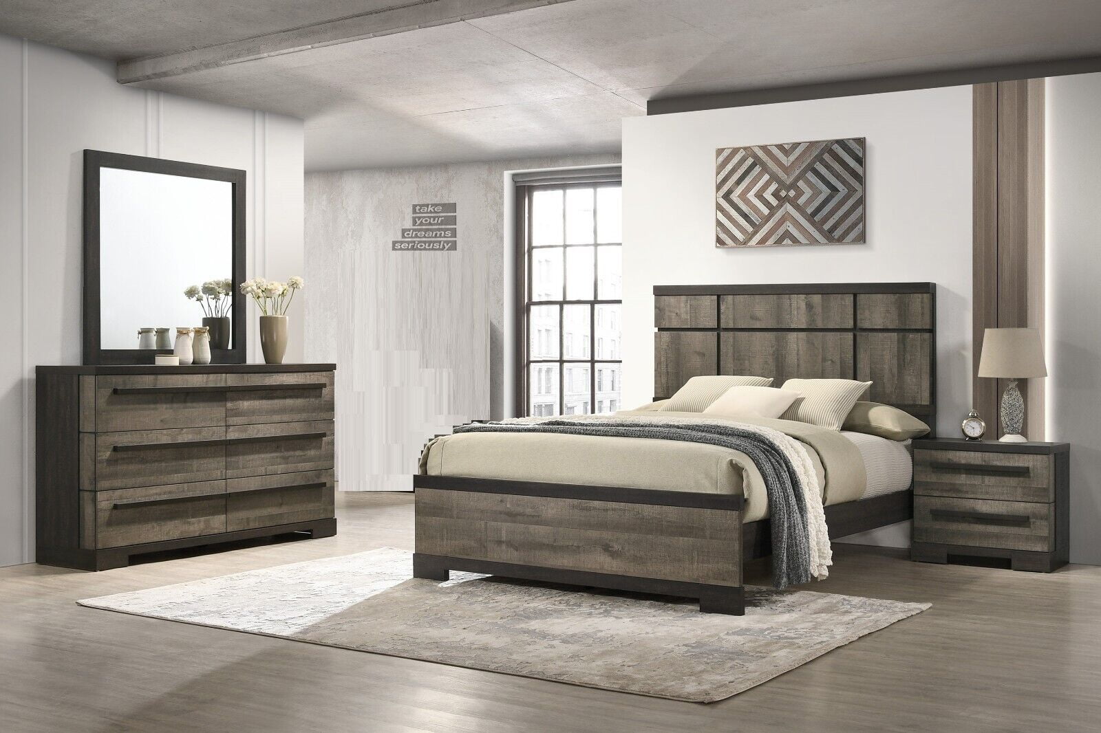 4pc Contemporary King Size Panel Bed Set Brown/Gray Finish Unique ...