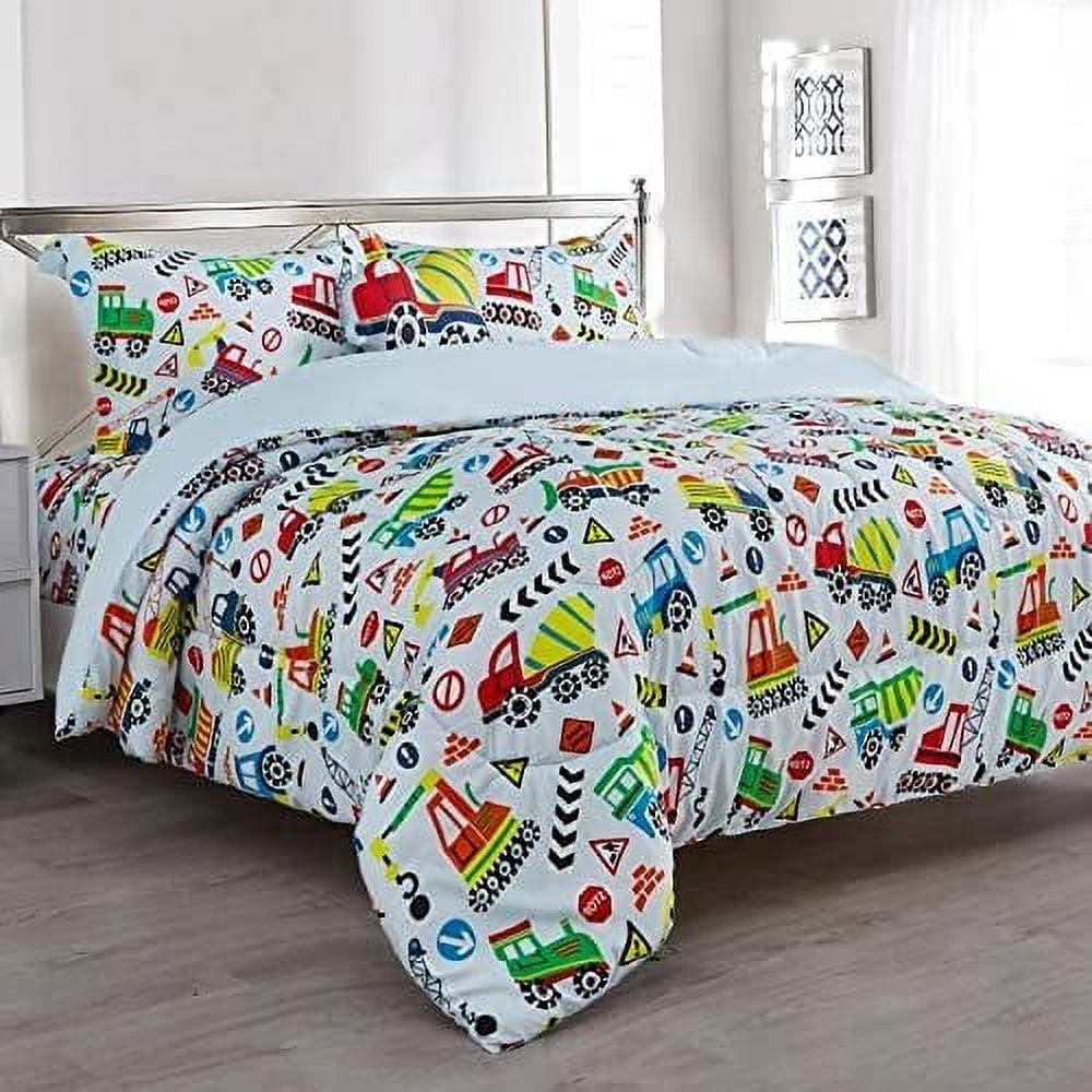 4pc Full Size Kids Boys Teens Comforter Set w/Sham & Decorative Toy Pillow, Construction Trucks ...