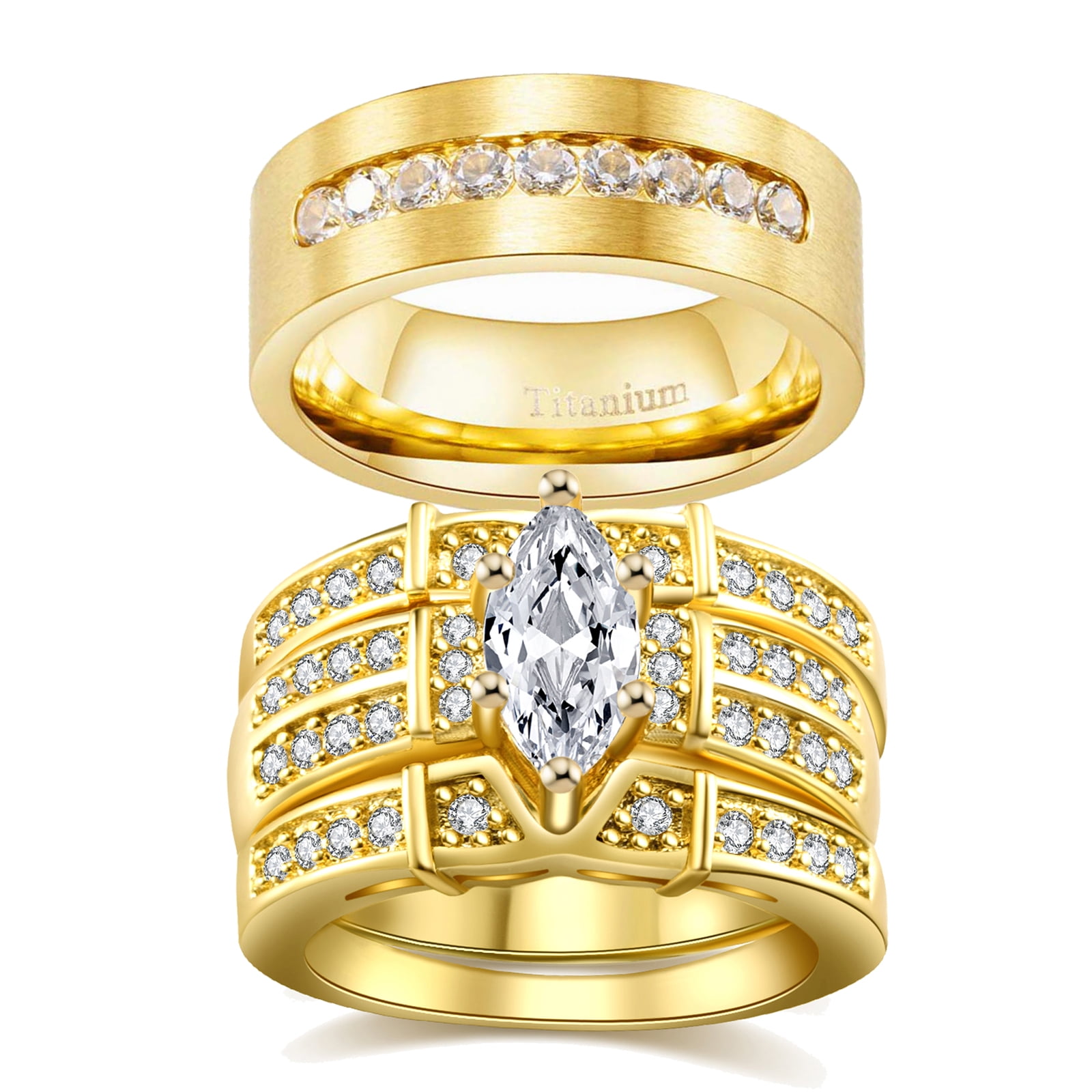 4pc His and Hers Wedding Ring Sets Couples Rings Yellow Gold Plated ...