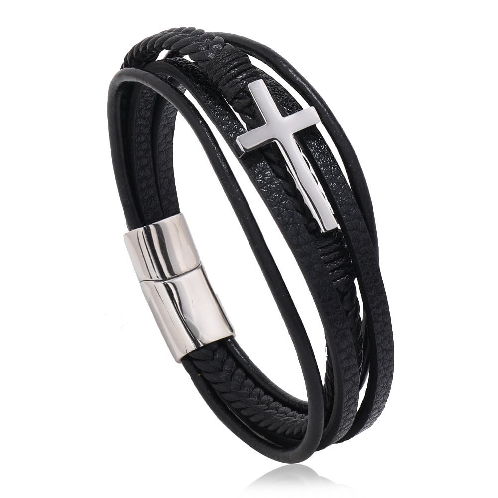 4pc Leather Cord Multi-starand Bracelet Link Bracelet with Stainless ...