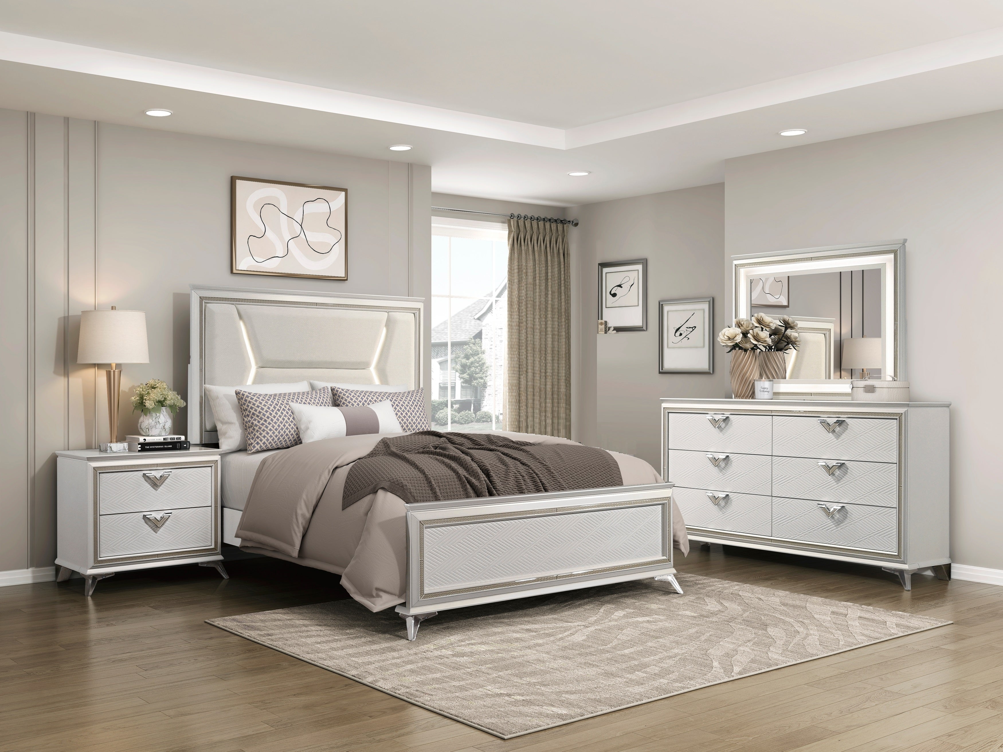 4pc Modern Bedroom Set Queen Bed Nightstand Dresser Mirror Luxury ...