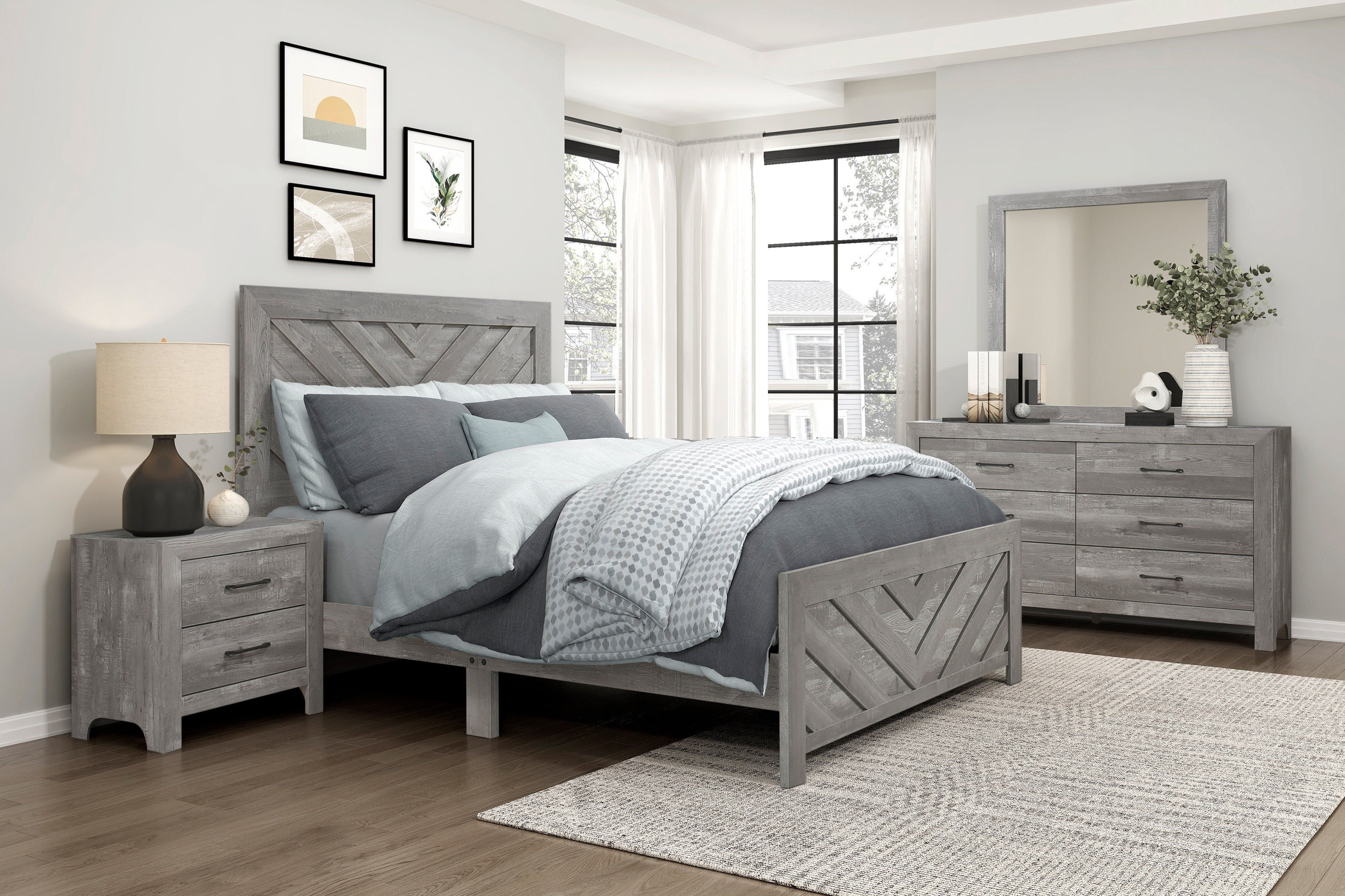 4pc Set Bedroom Furniture Full Size Bed Nightstand Dresser Mirror Gray ...