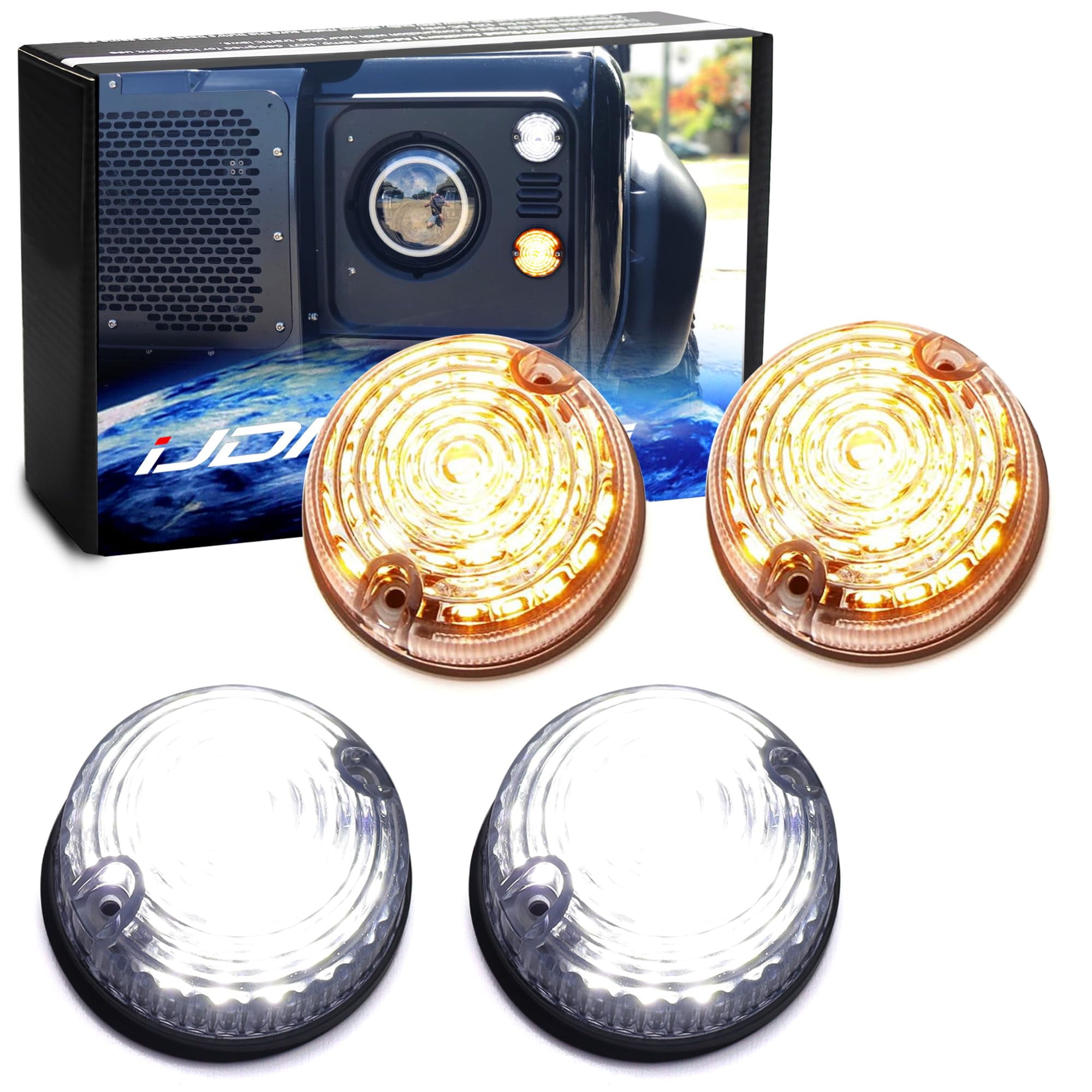 4pc Set Clear Lens White LED Front Clearance Position Driving Light and Amber LED Front Turn ...