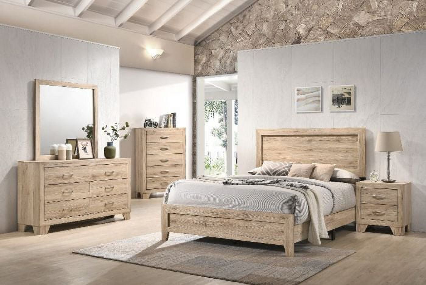 4pc Transitional Bedroom Furniture Set Eastern King Size Bed Washed Oak ...