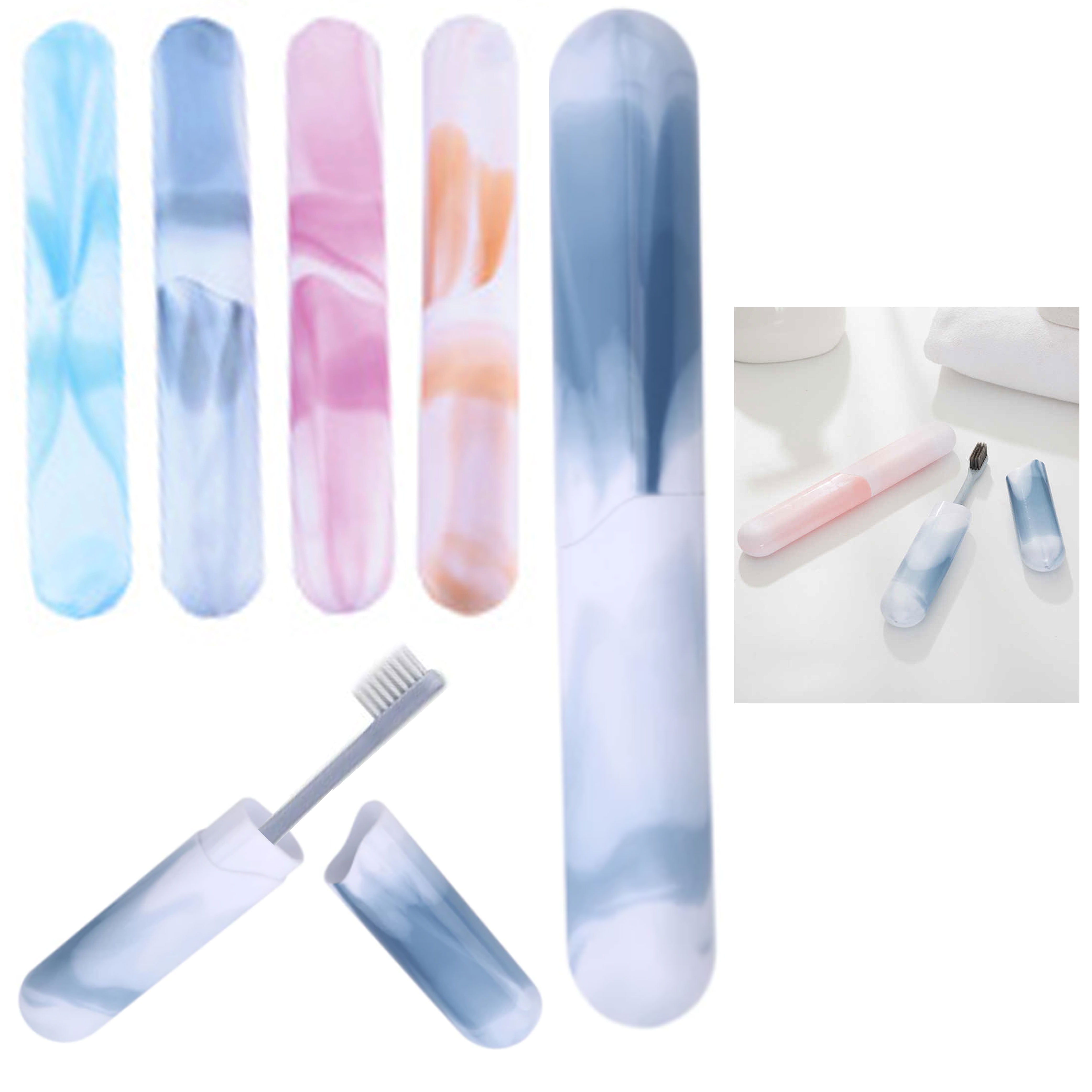 4pc Travel Toothbrush Holder Marble Plastic Cover Case Tube Cap Carry ...