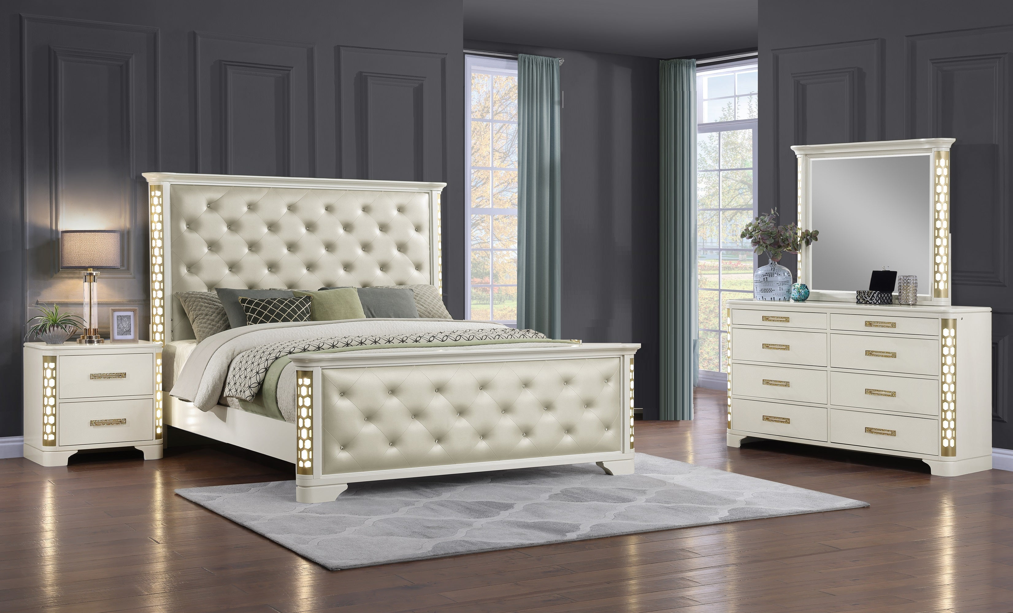 4pc Tufted Headboard Casings LED Lighting Gold Accent Luxurious King ...