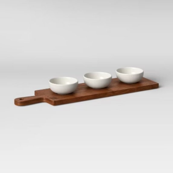 4pc Wood Cutting Board and Ceramic Bowl Set,Integrated handle for easy ...