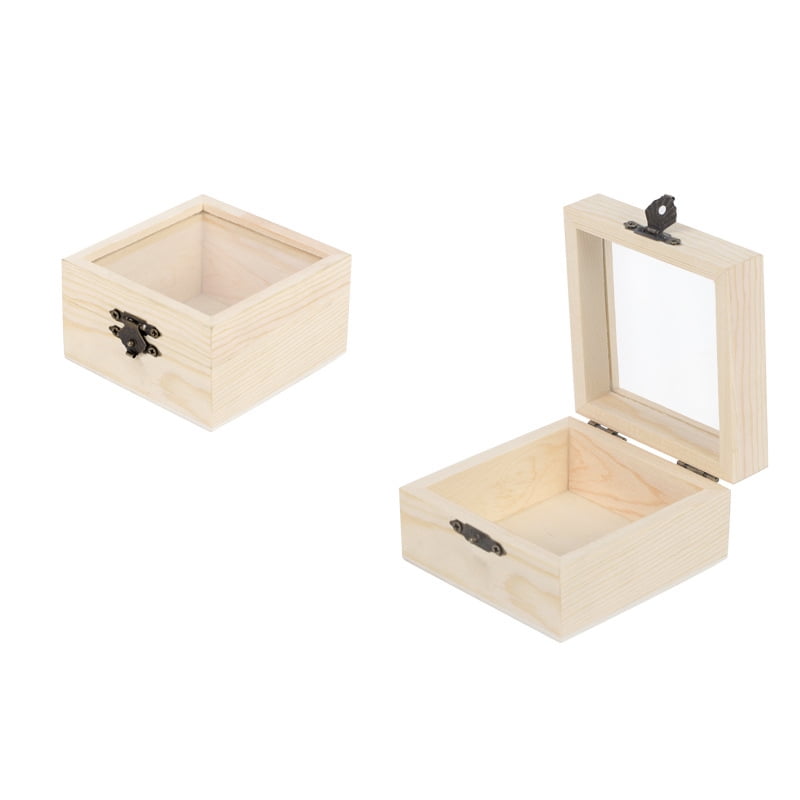 4pc Wooden Storage Boxes with Clear Glass Flip Cover & Iron Clasp ...
