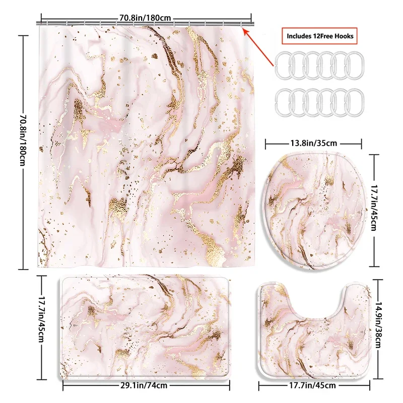 4pc pink quicksand simple pattern waterproof shower curtain or ...