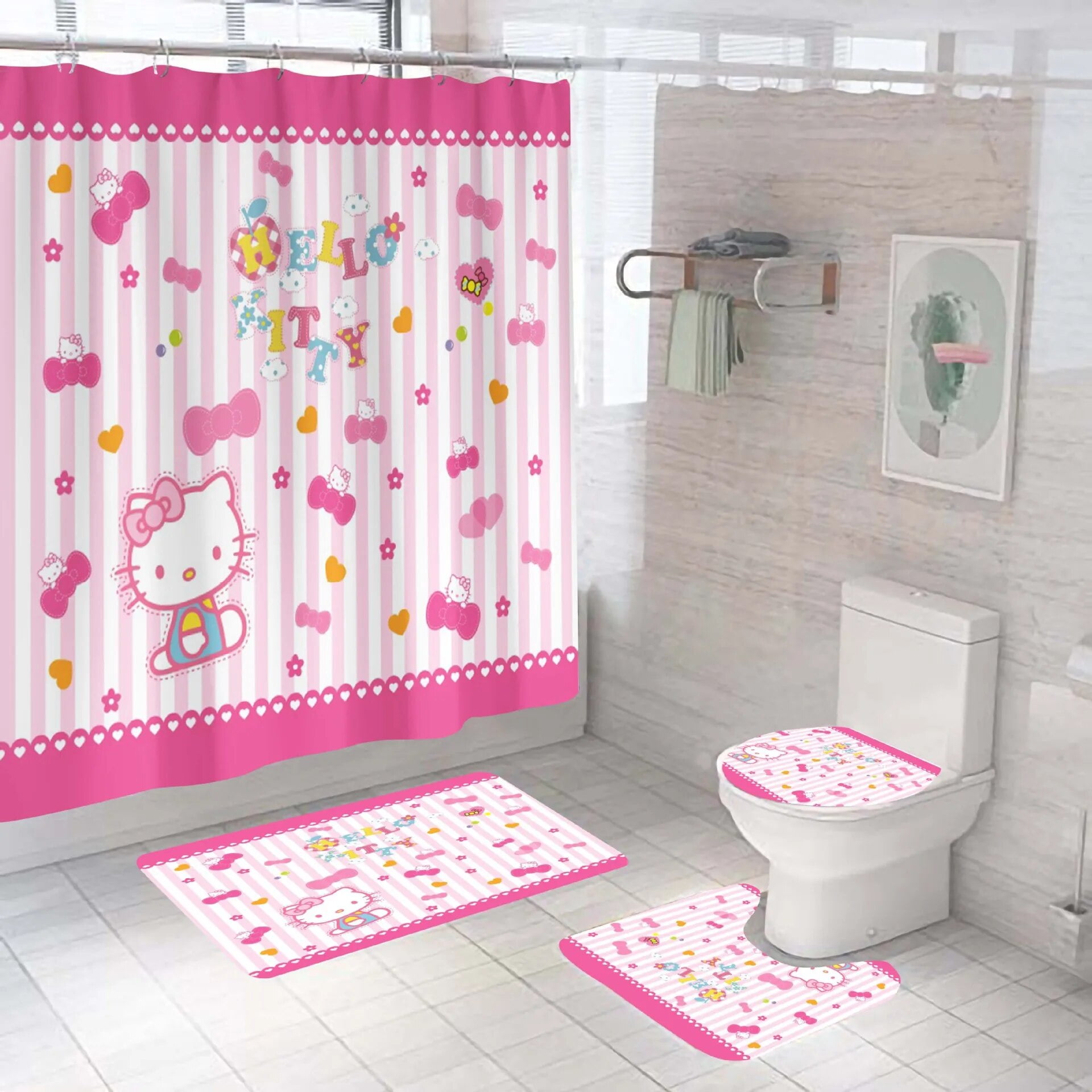 4pc Set Sanrio Shower Curtain With Hook Hellokitty Kuromi Mymelody
