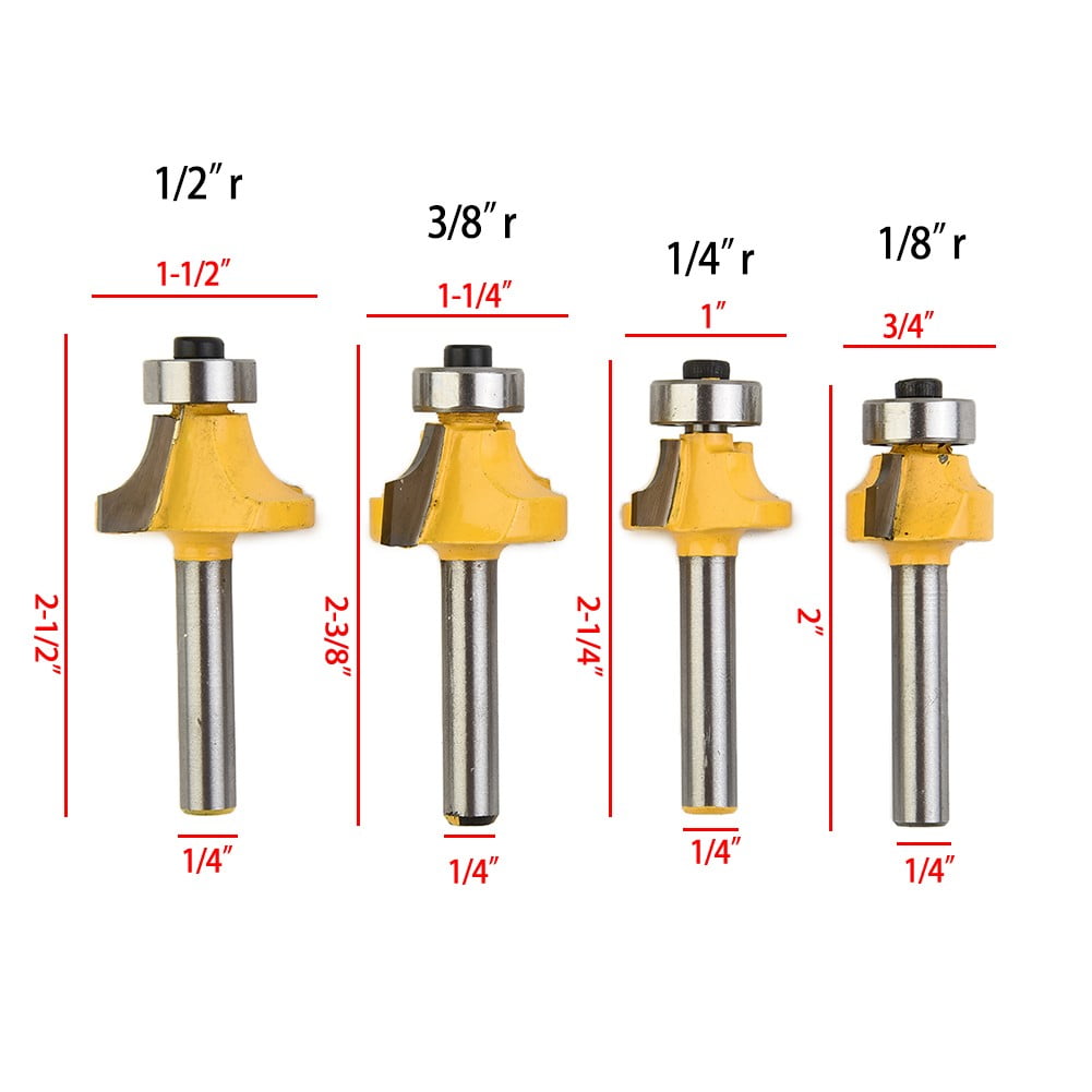 4pcs 1/4 inch Shank Round Over Bead Edge Forming Router Bit 1/2 3/8 1/4 ...