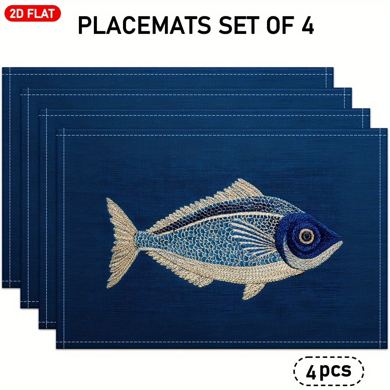 4pcs 2D Flat Fish Pattern Embroidery Style Placemats Blue Linen Table ...
