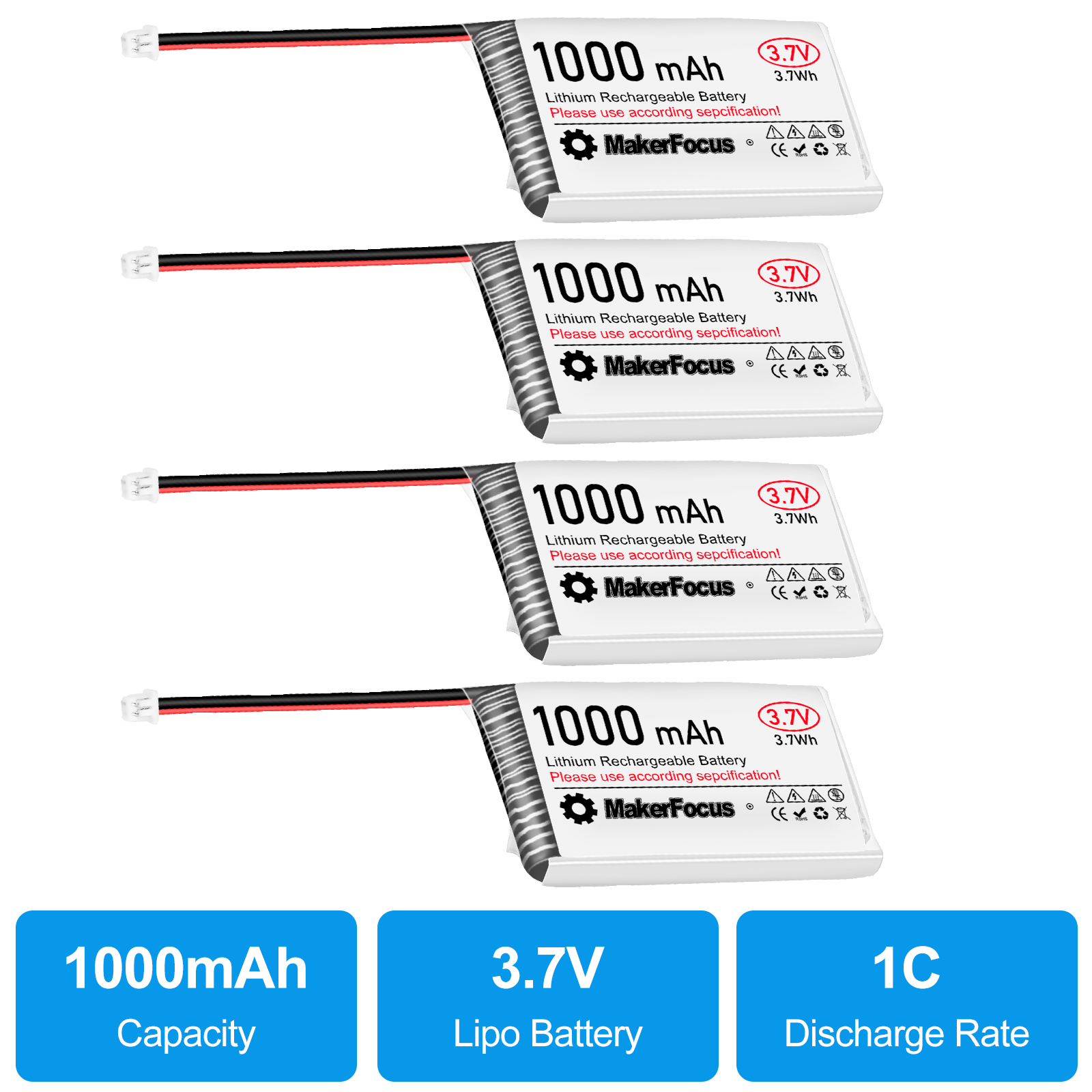 4pcs 3.7V Lithium Rechargable Battery, 802540 3.7V 1000mAh Battery with ...