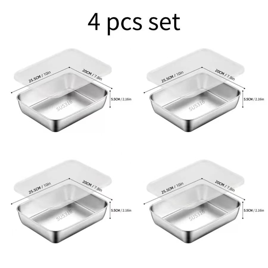 4pcs 304 Stainless Steel Rectangular Food Storage Pan with Lid | Large ...