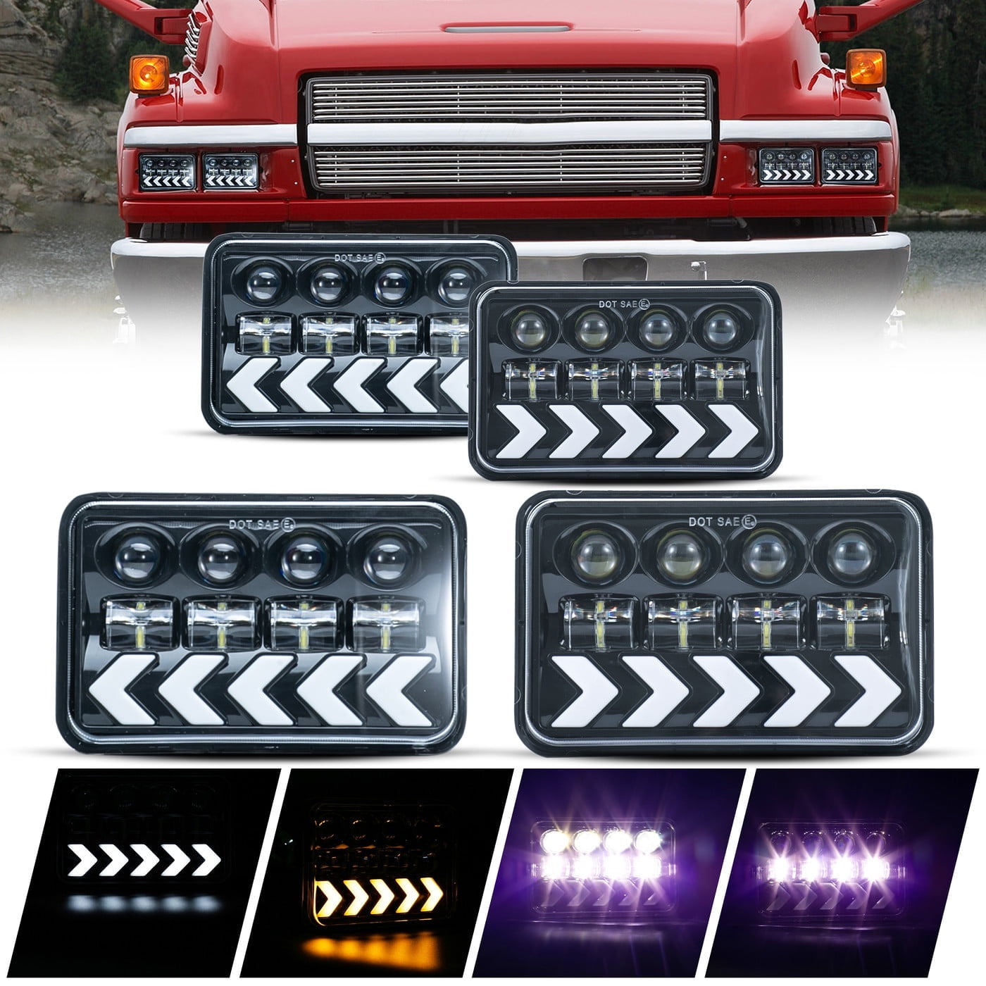 4pcs 4x6 4"x6" Rectangular Sealed Beam Upgrade Amber Dynamic Arrow Turn ...