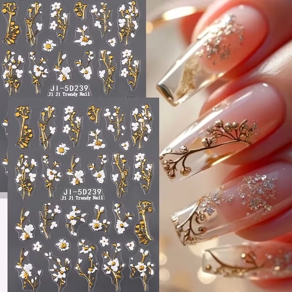 4pcs 5D Three-Dimensional Embossed Nail Stickers - Elegant White ...