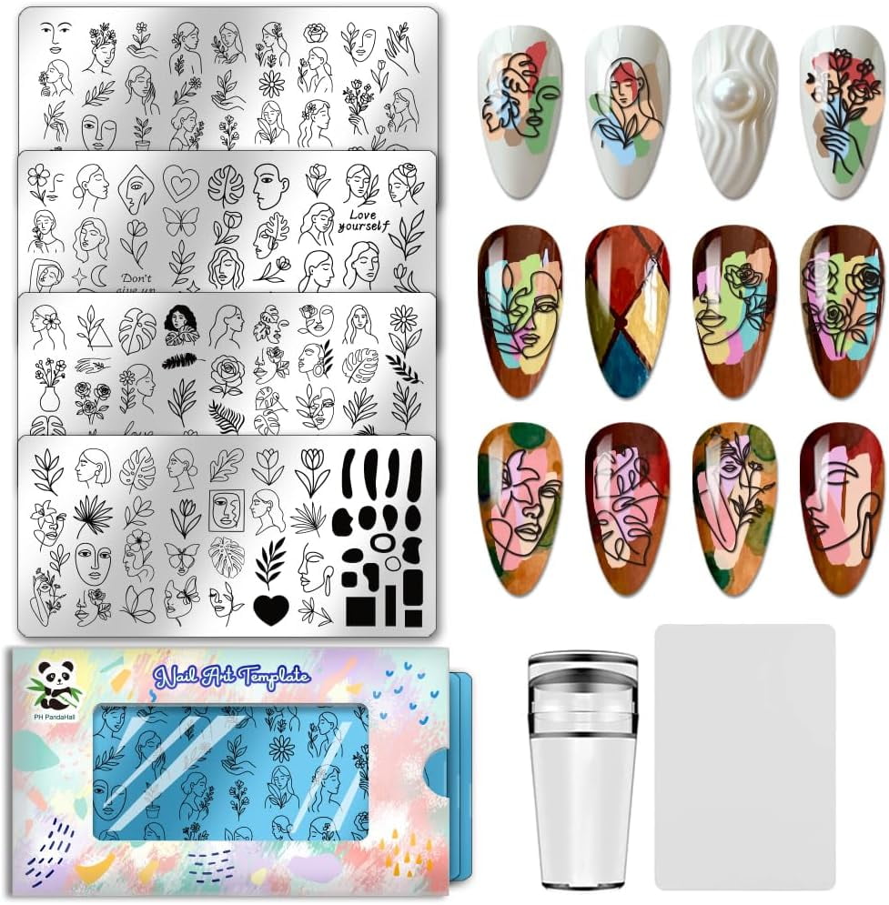 4pcs Abstract Face Nails Stamping Plate Flower Leaves Nail Design ...