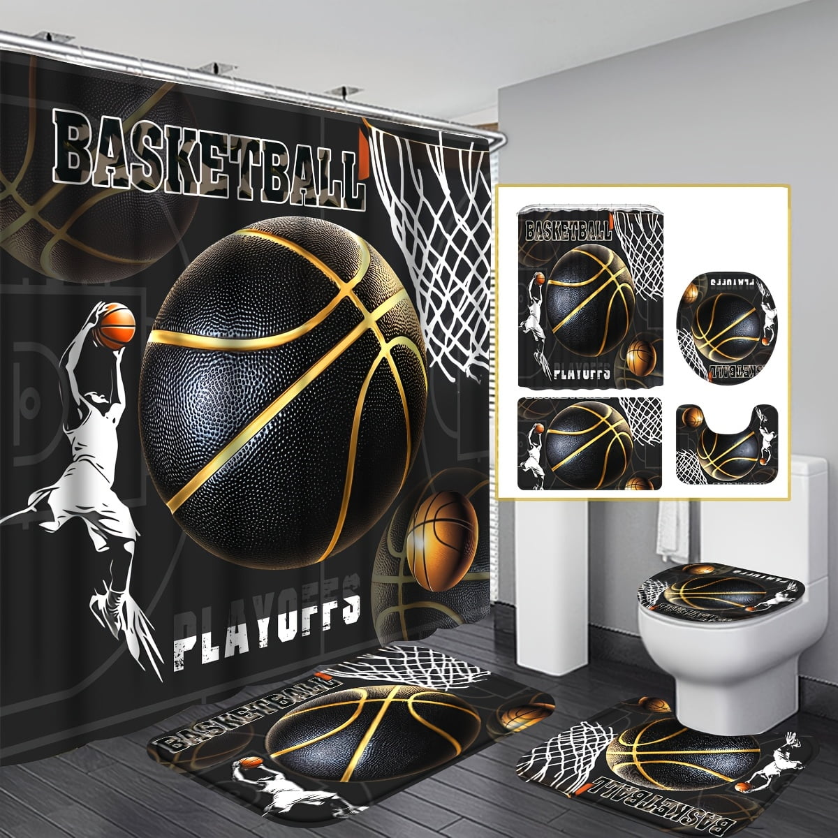 4pcs Basketball Playoffs Shower Curtain Set with Non-Slip Bath Rug ...