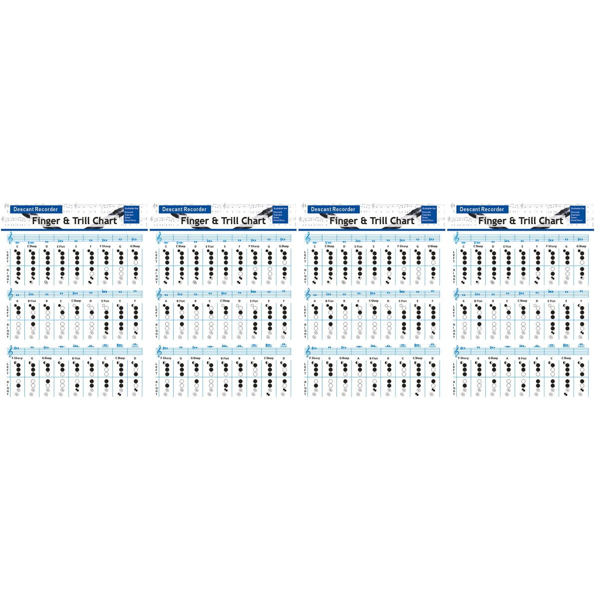 4pcs Bass Recorder Chords Finger Chart Recorder Practice Finger Chart ...